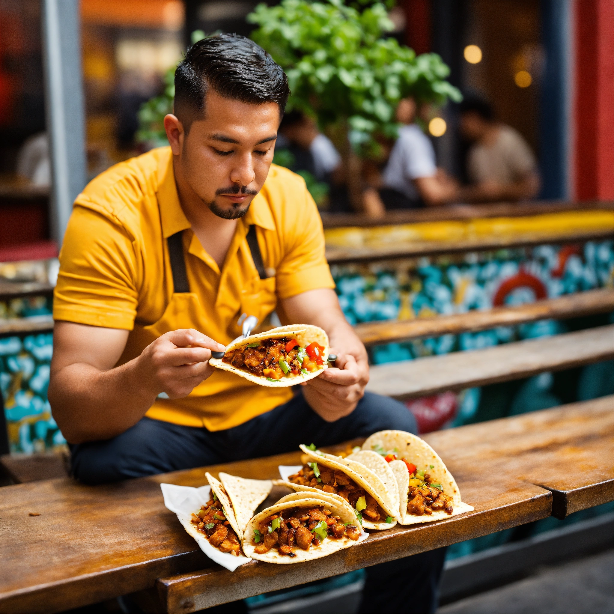 Lexica - A food critic is sitting on a bench eating tacos al pastor in ...