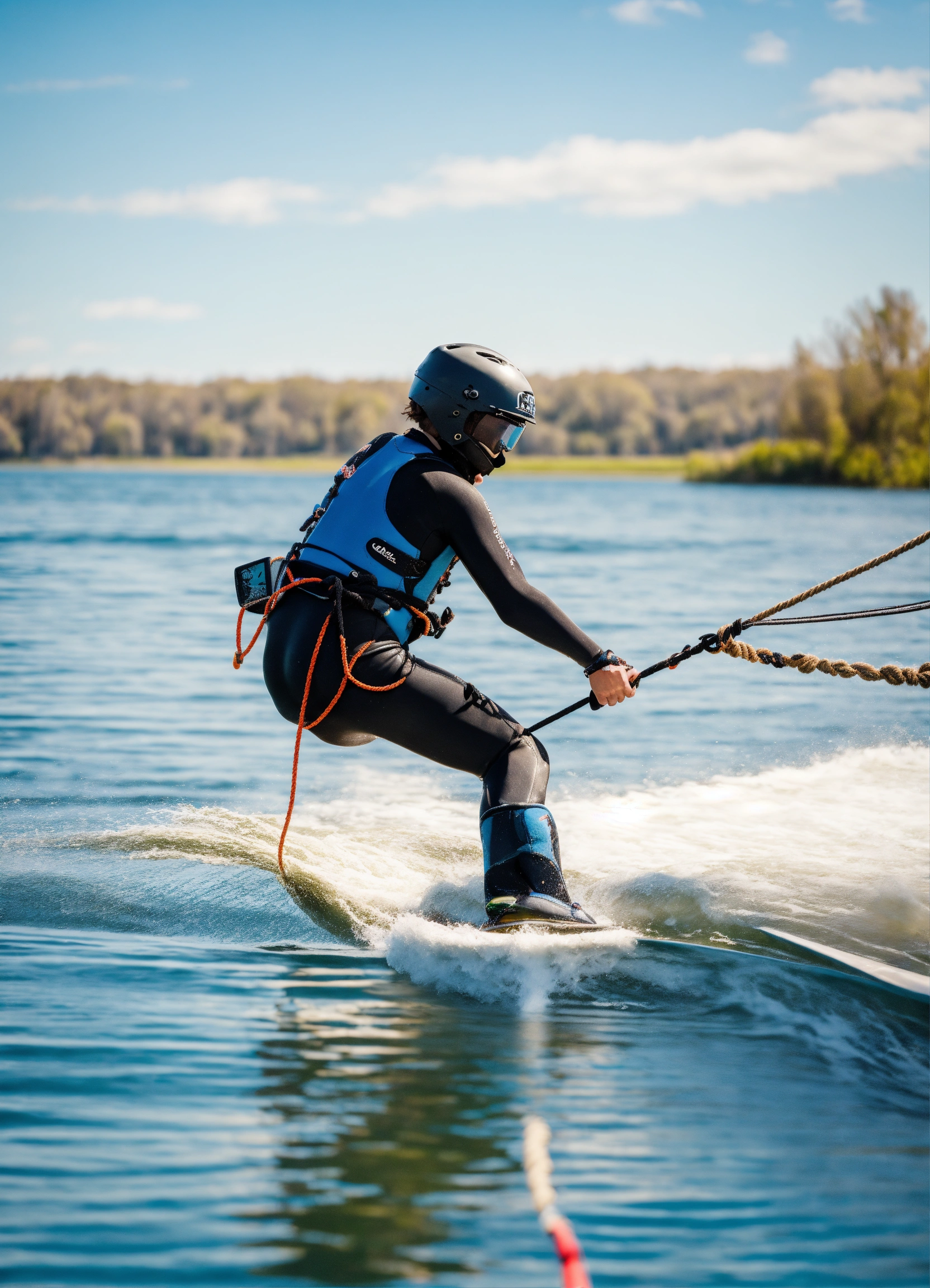 Lexica - A photo of a person wakeboarding on a lake. The person is ...