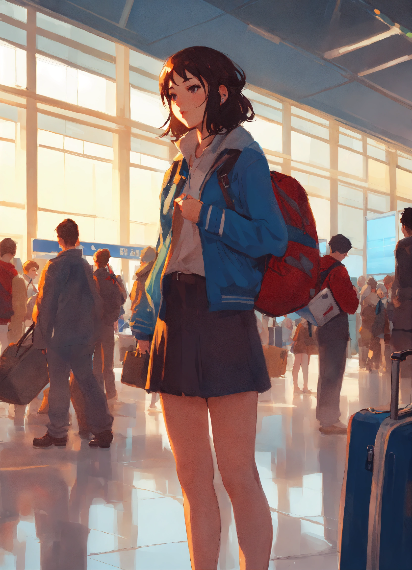 Lexica - Cute anime woman waiting in line at an airport, comfy clothing ...