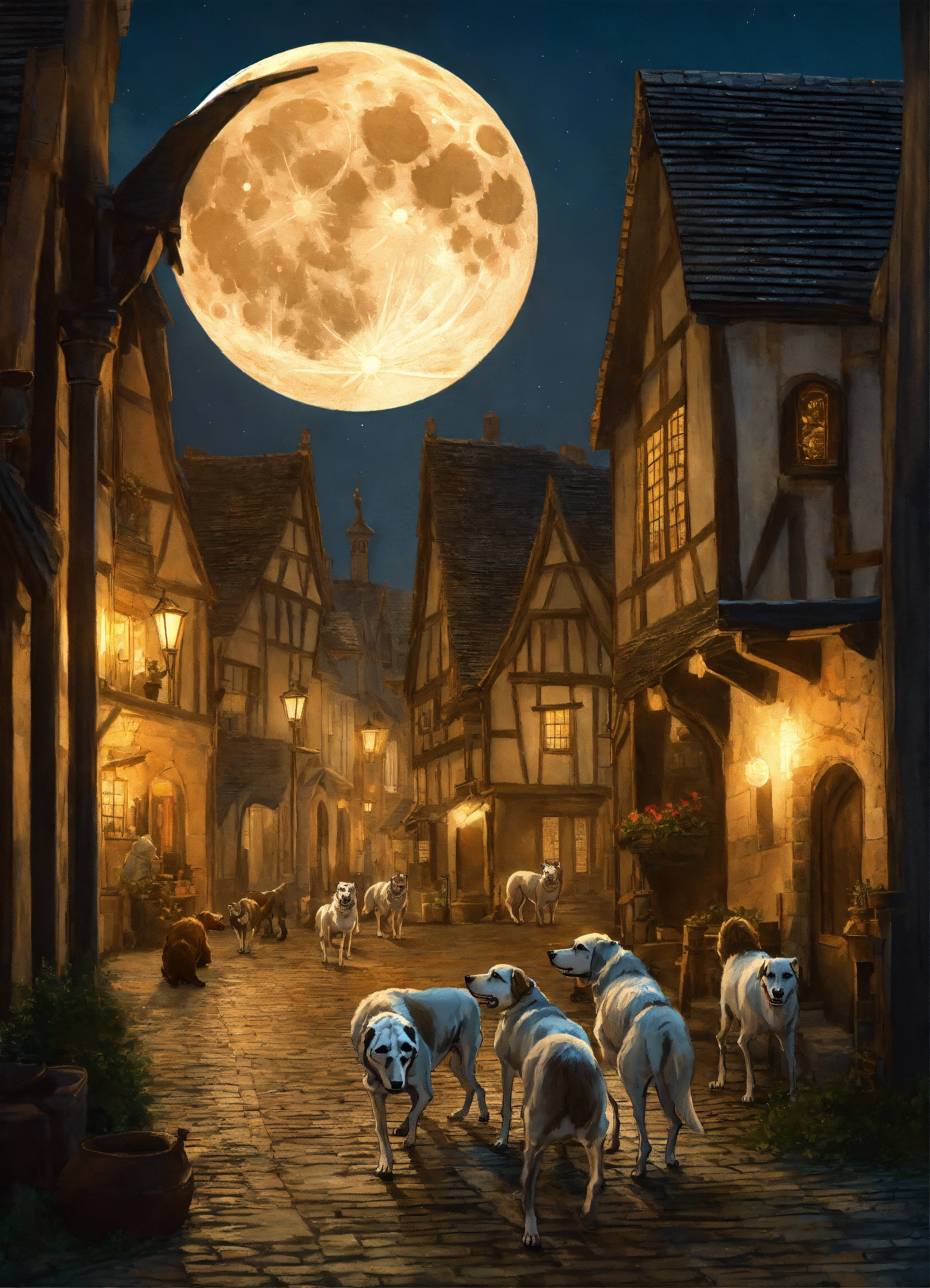Lexica - Pack of skeleton dogs in medieval city, night with full moon ...
