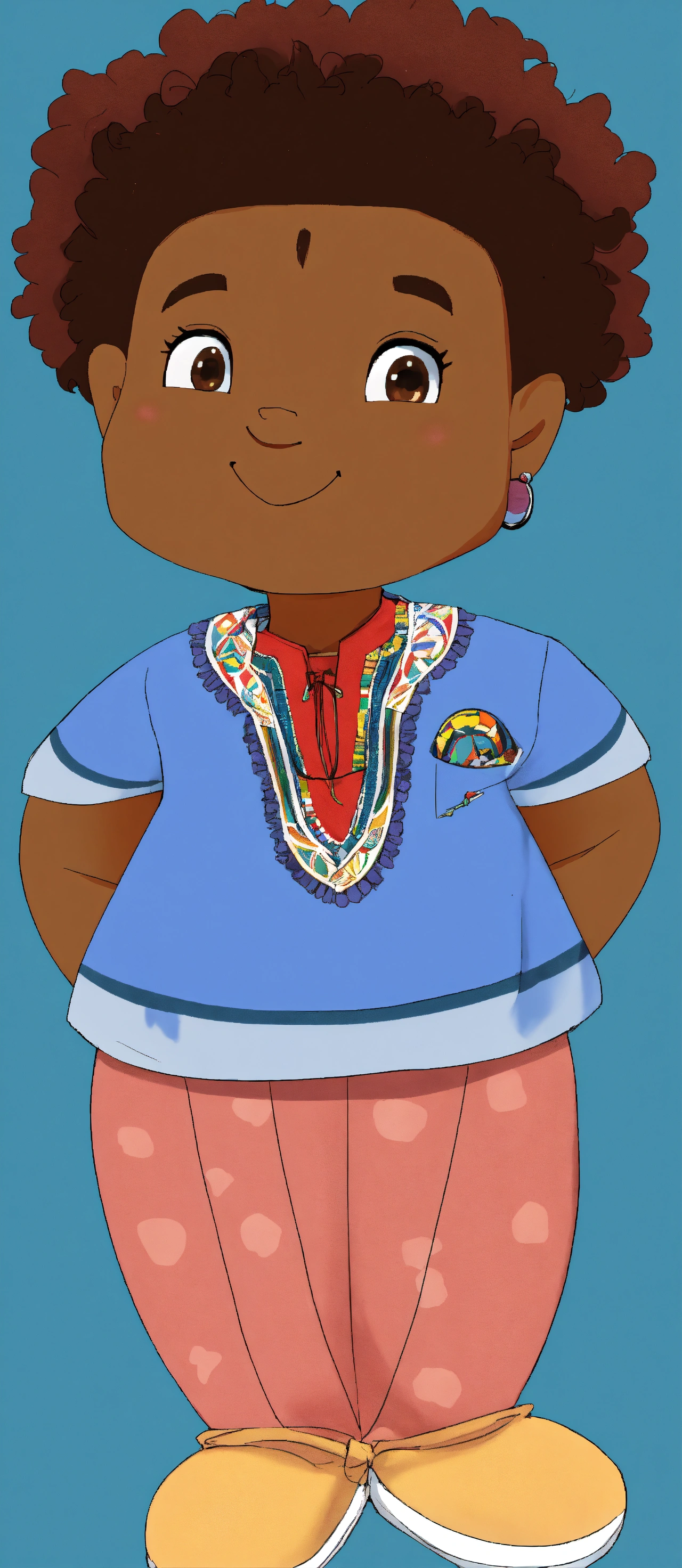 Lexica - Cartoon, wearing vivid dashiki, smiling.