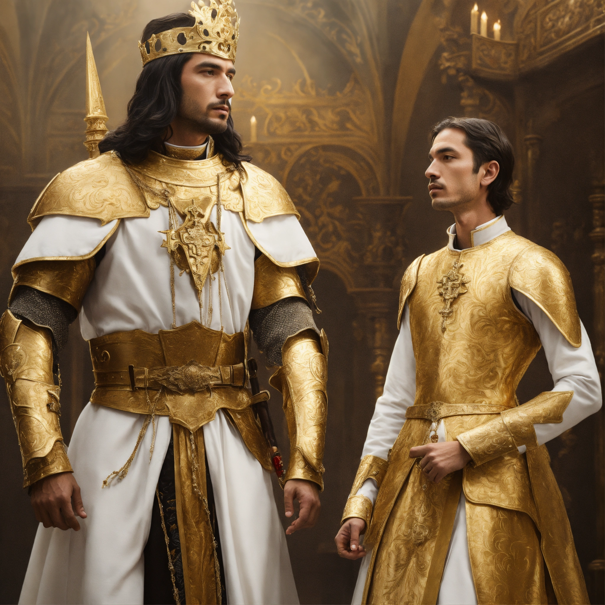 Lexica - A king clothed in white and gold armour, standing next to a ...
