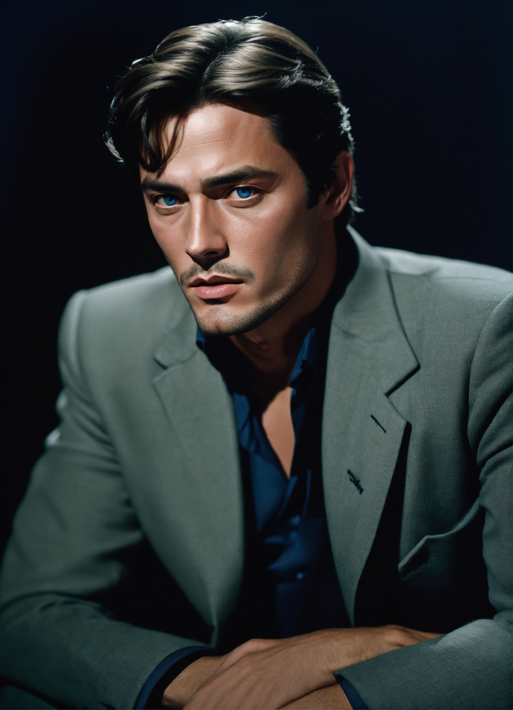 Lexica - Portrait en buste, alain delon young , clean shaven, blue eyes ...