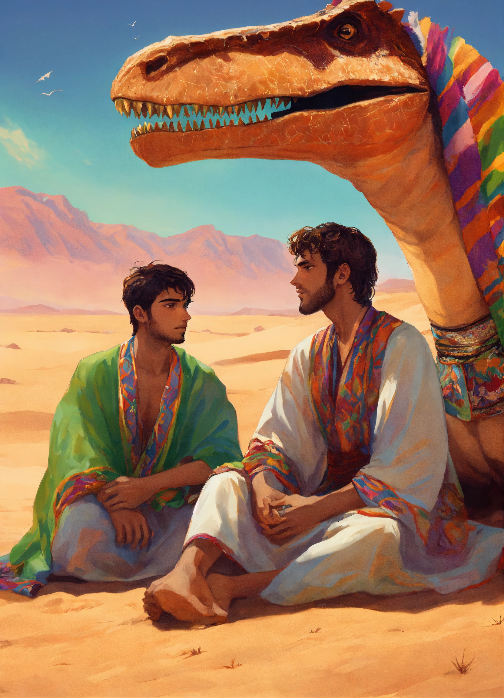 Lexica - "Two young men sit in a barren desert, wearing colorful ...