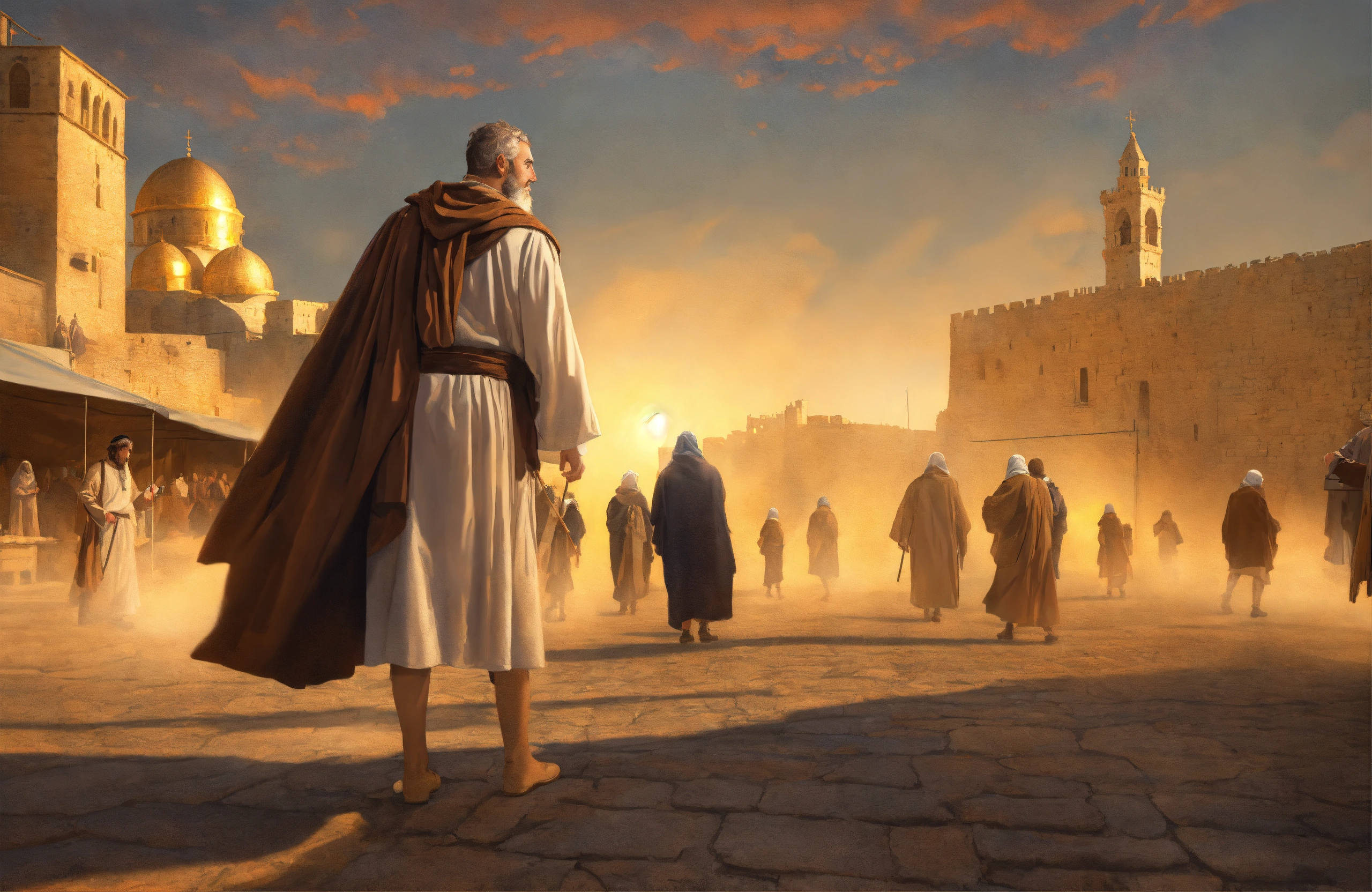 Lexica - Painting Peter Disciple, brown robe, market place, many ...