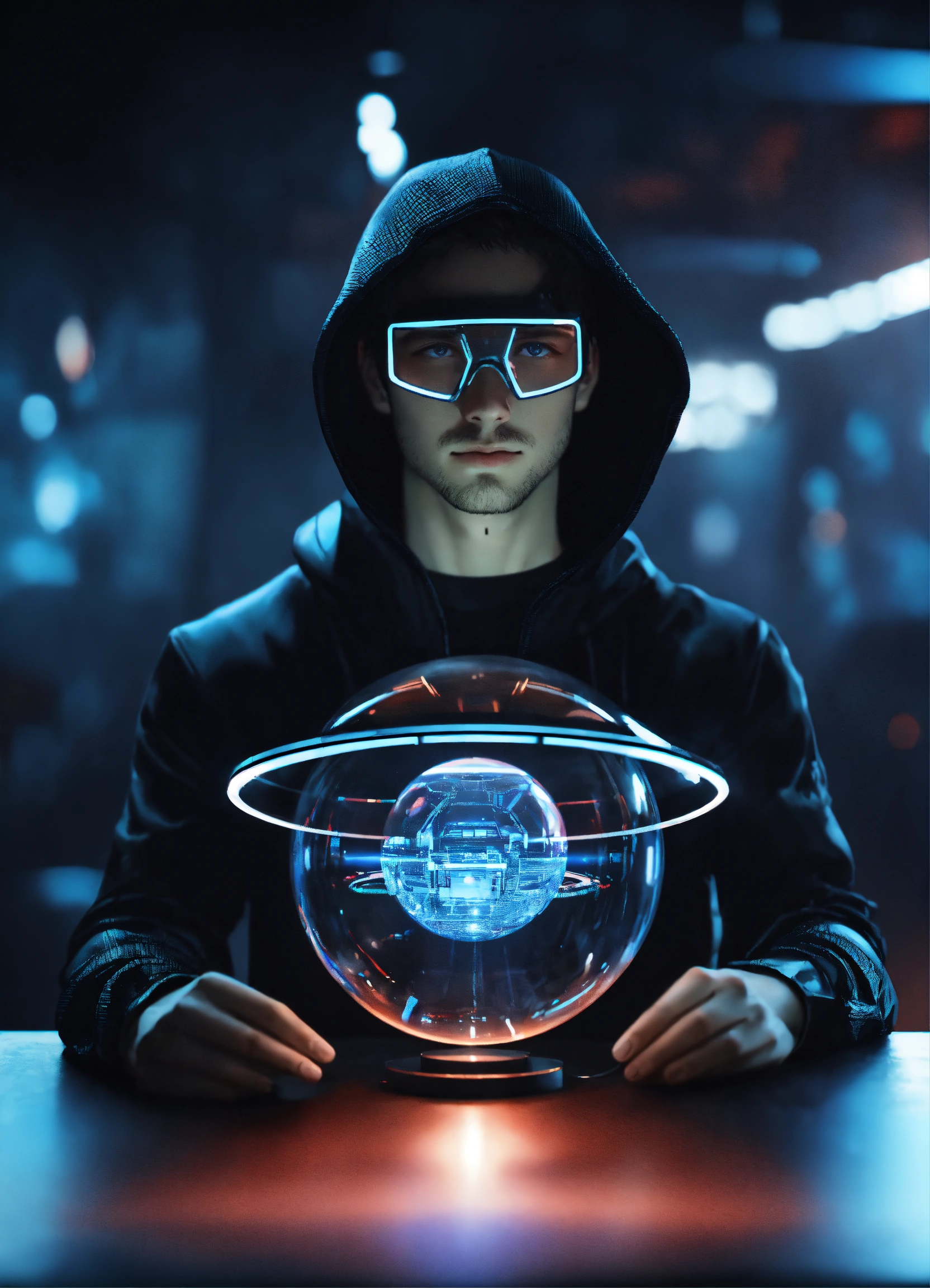 Lexica - Nerdy 25 year old male hacker wearing futuristic black ...