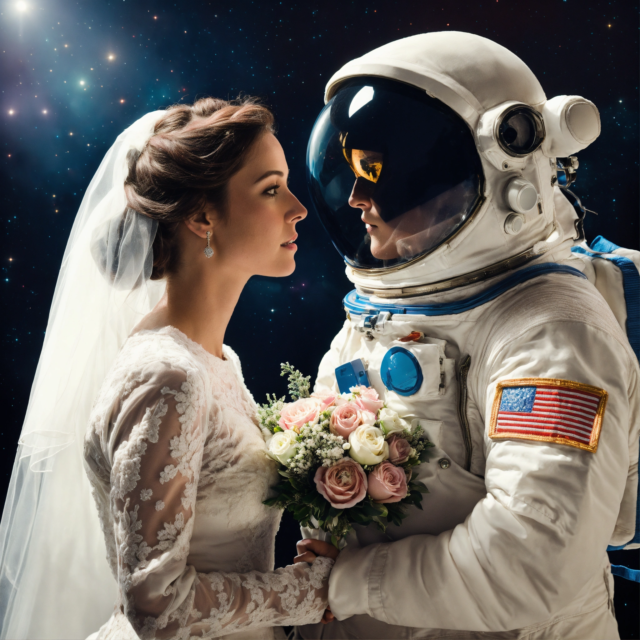 Lexica - Astronaut, realistic, the bride with astronaut helmet and groom