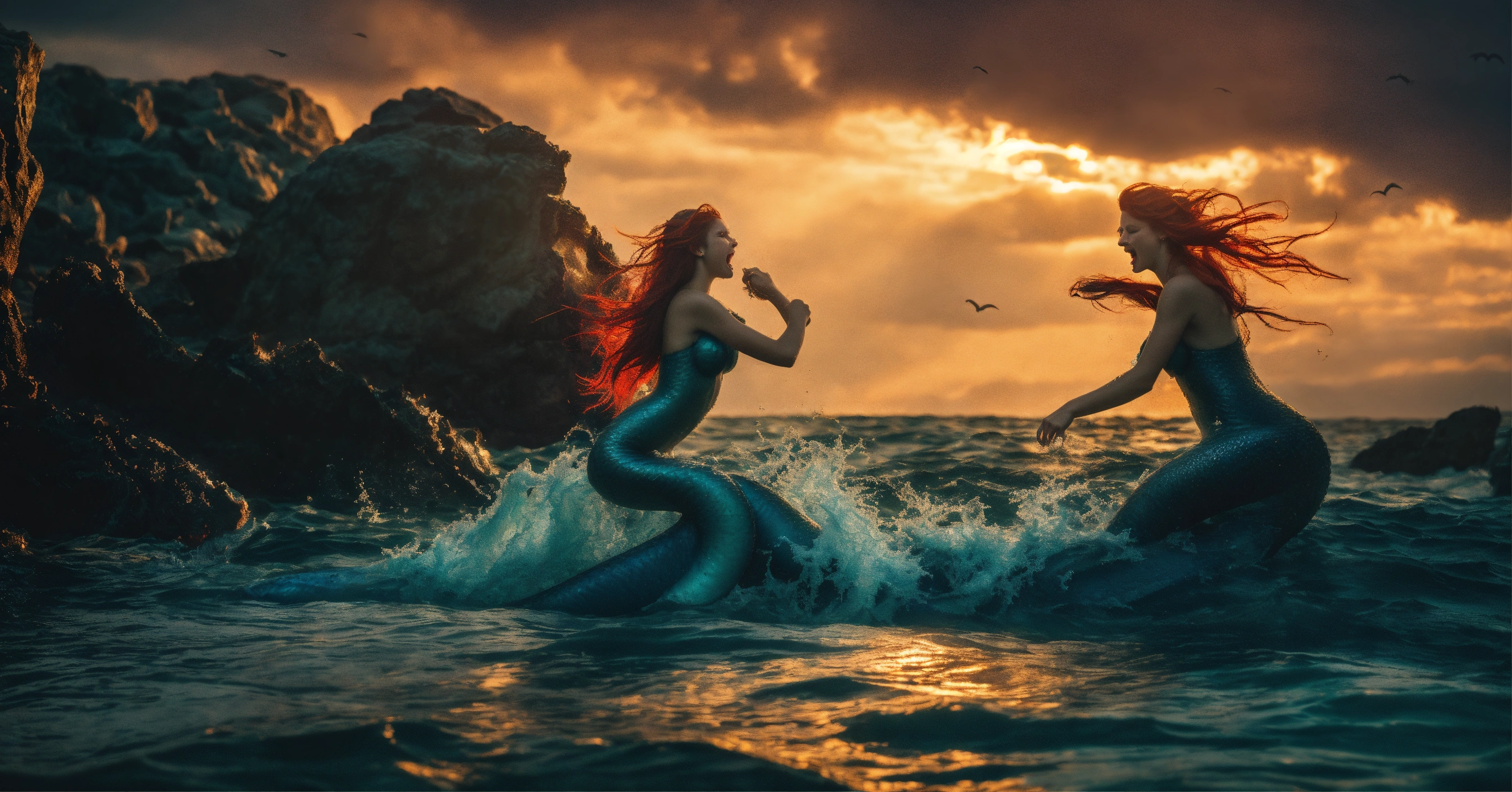 Lexica - Create a 4k detailed photo of two evil (mermaids) fighting each other. dramatic ...