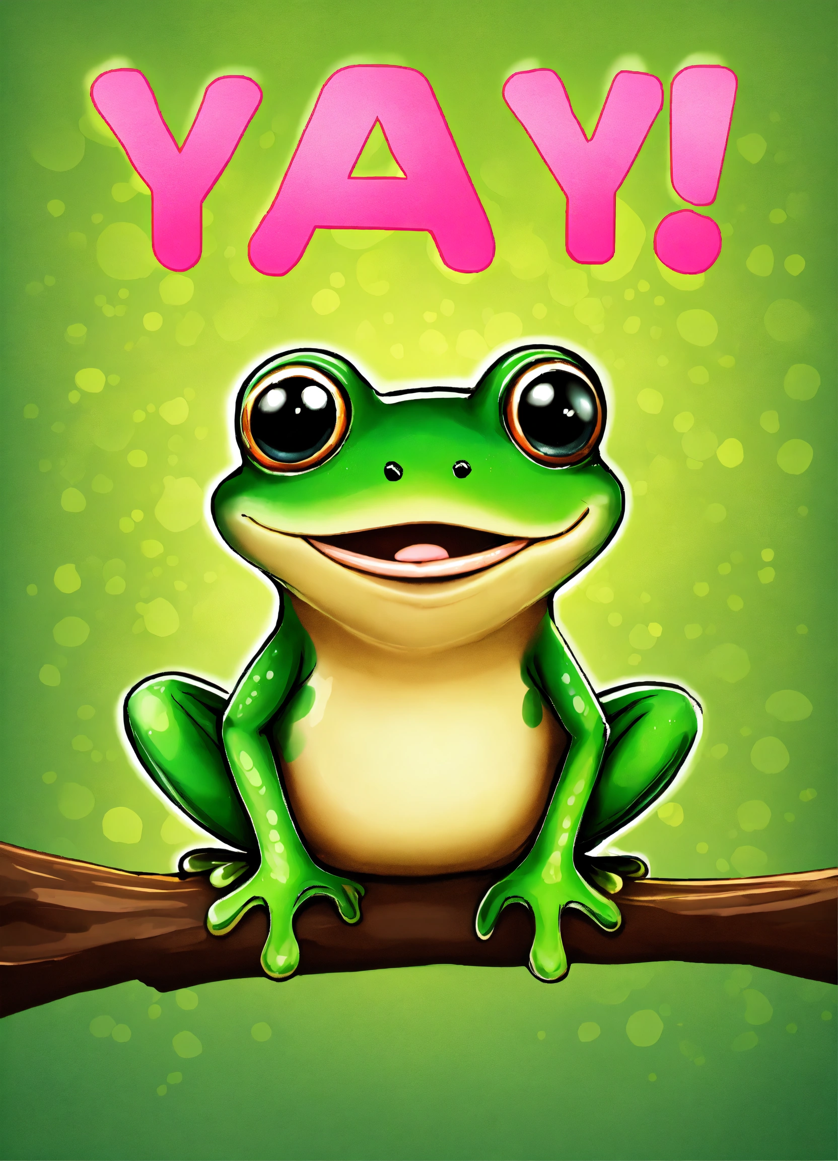Lexica - A happy frog with text on top saying "yay", cute style, word ...