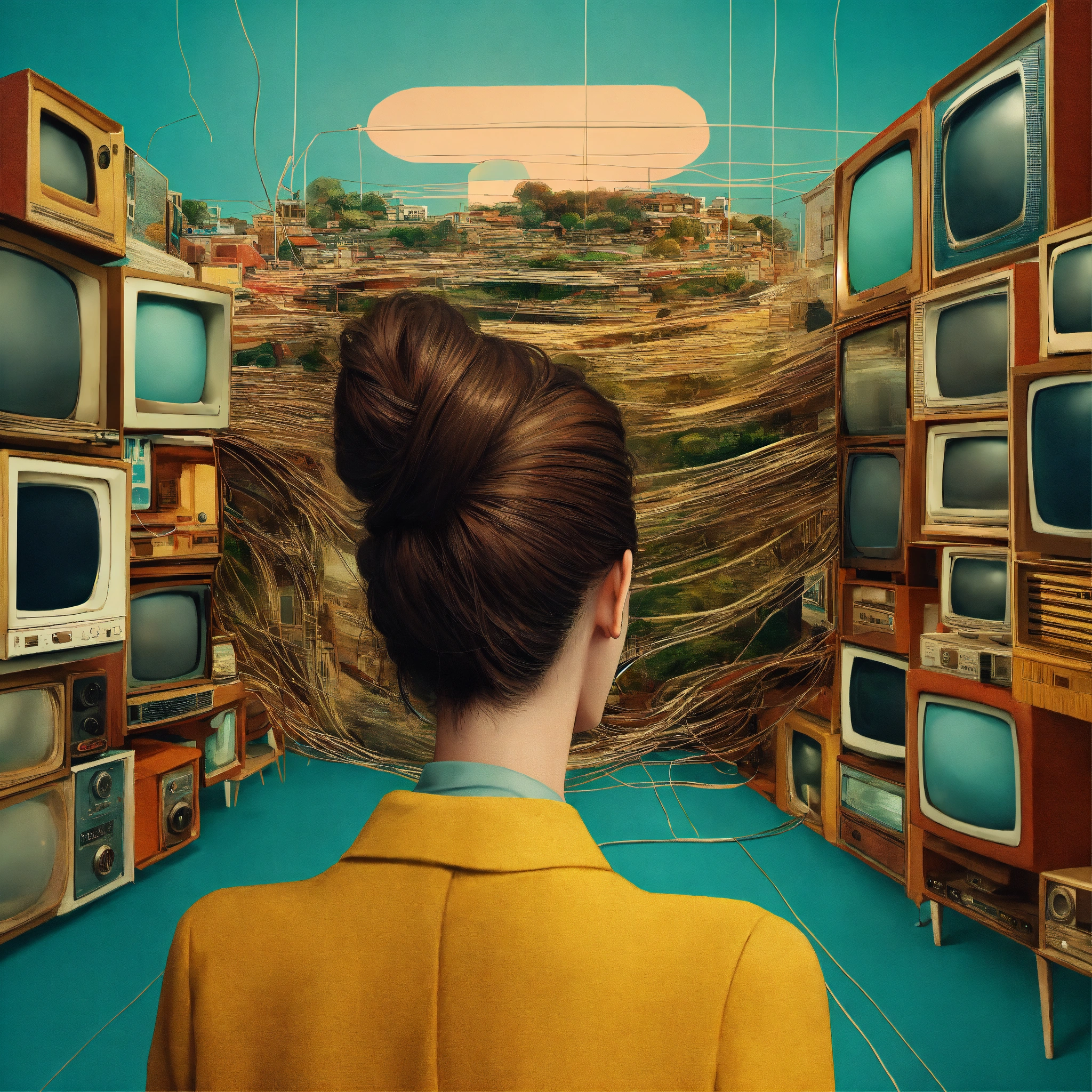 Lexica - Retro TV Static World Place a woman with long brown hair in a ...