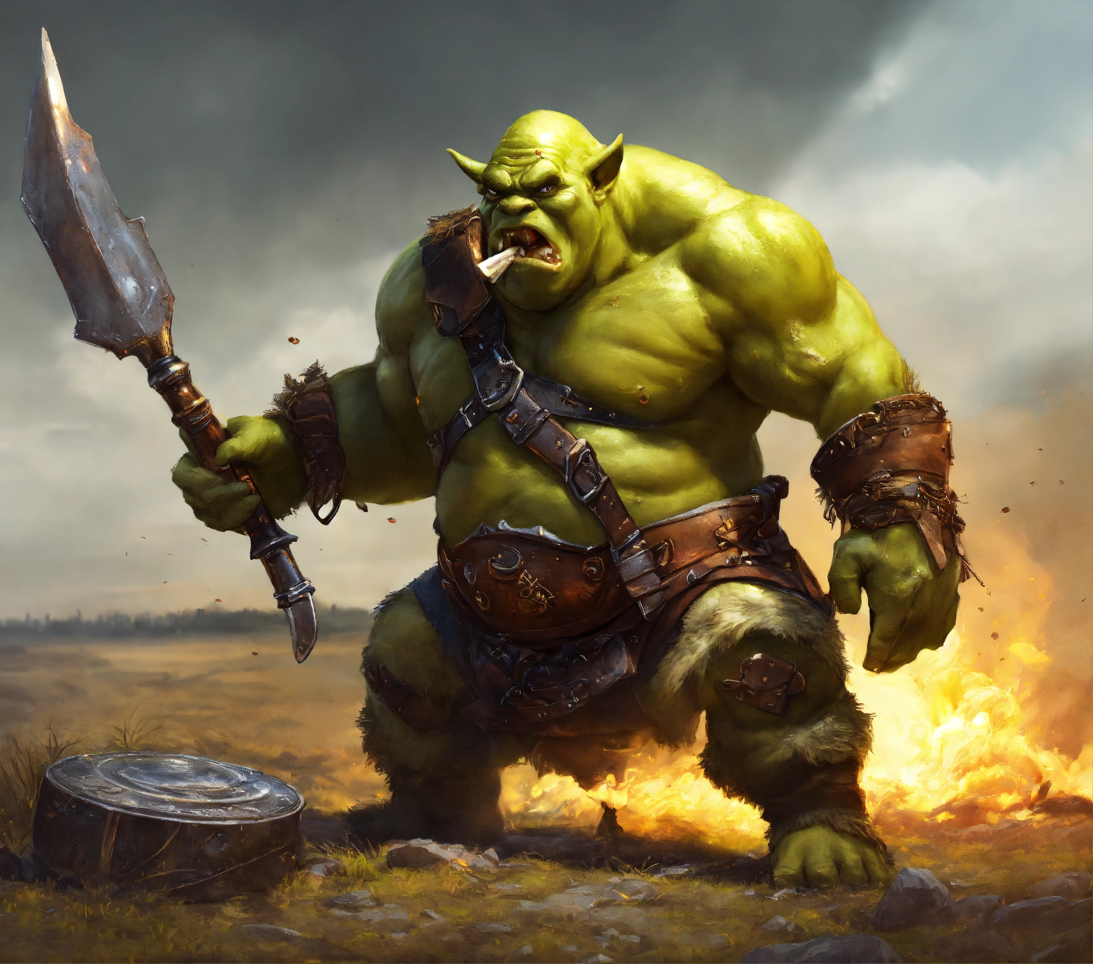 Lexica - Ogre eating metallic item on battlefield, digital painting ...