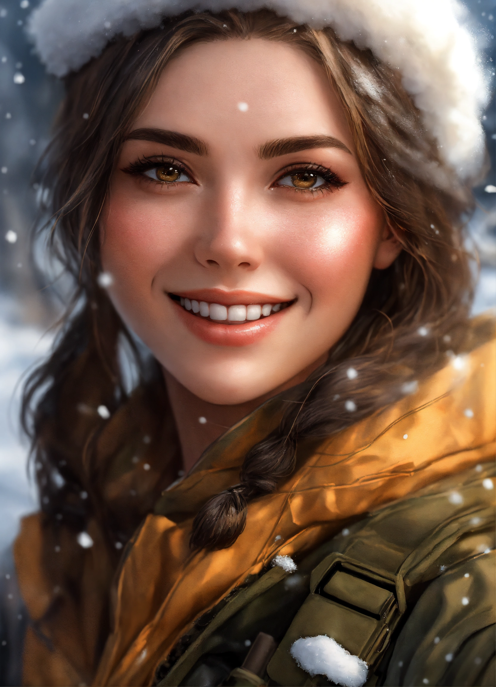 Lexica - A beautiful super realistic army girl, snow, radiant smile ...