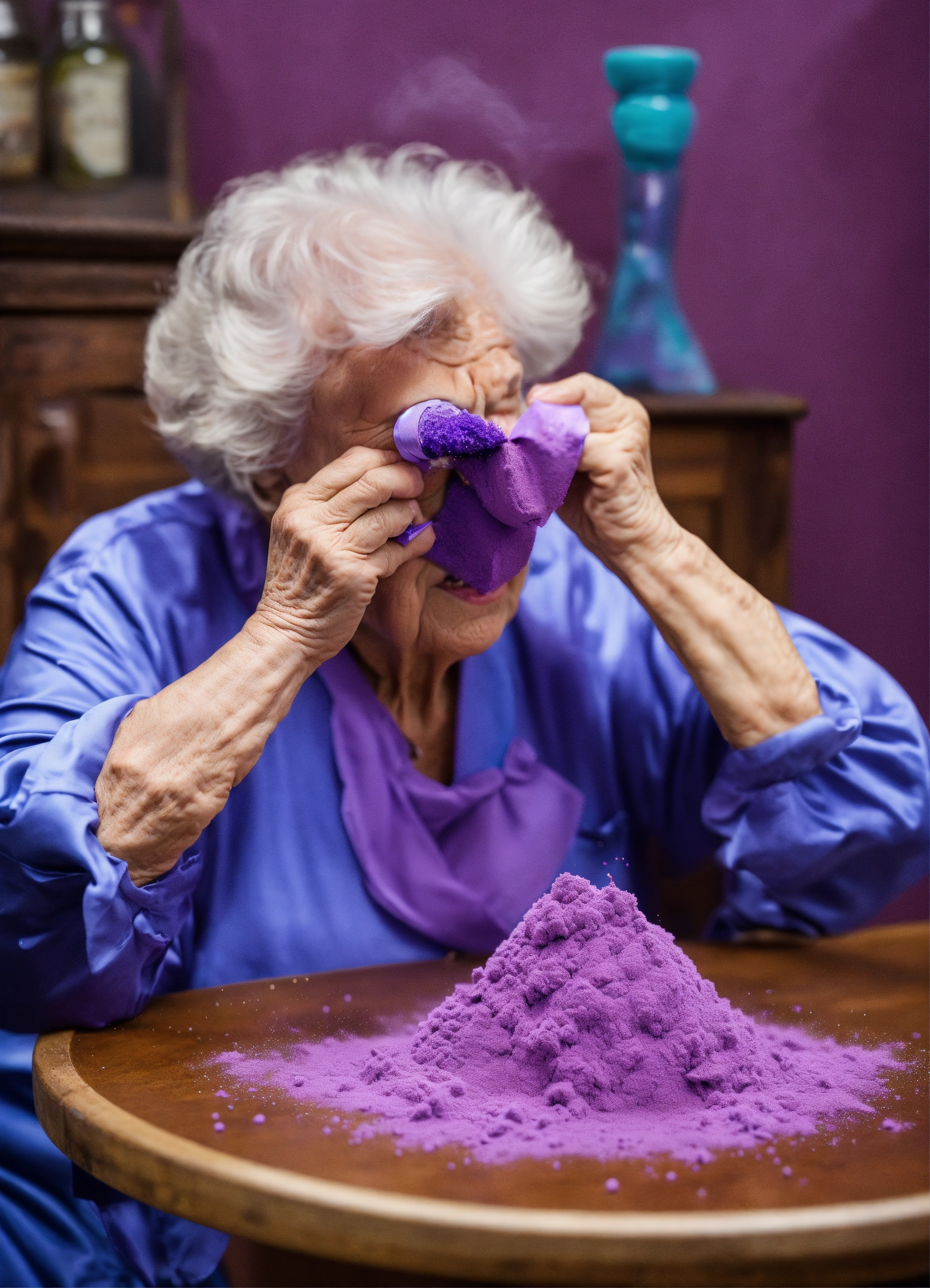 Lexica - A crazy grandma snorting purple powder on a table