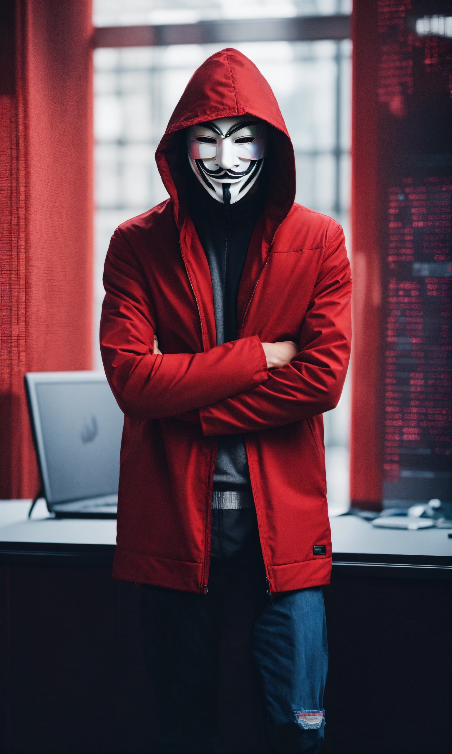 Lexica - Anonymous hacker in red jacket with hidden face with arms crossed