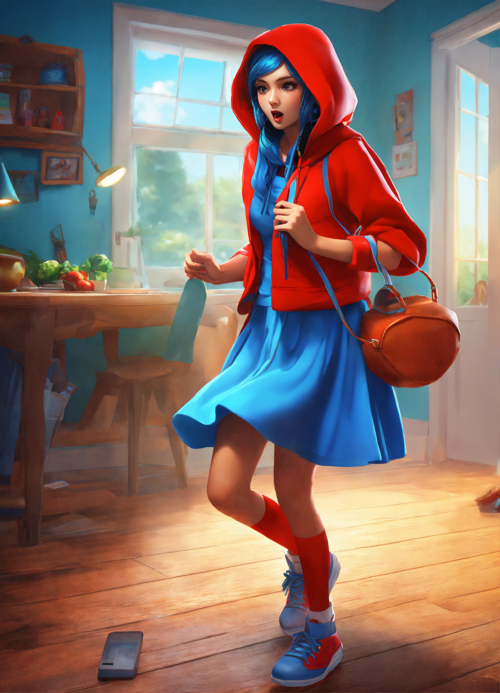 Lexica - Cartoons scared modern Red Riding Hood, wearing short blue ...