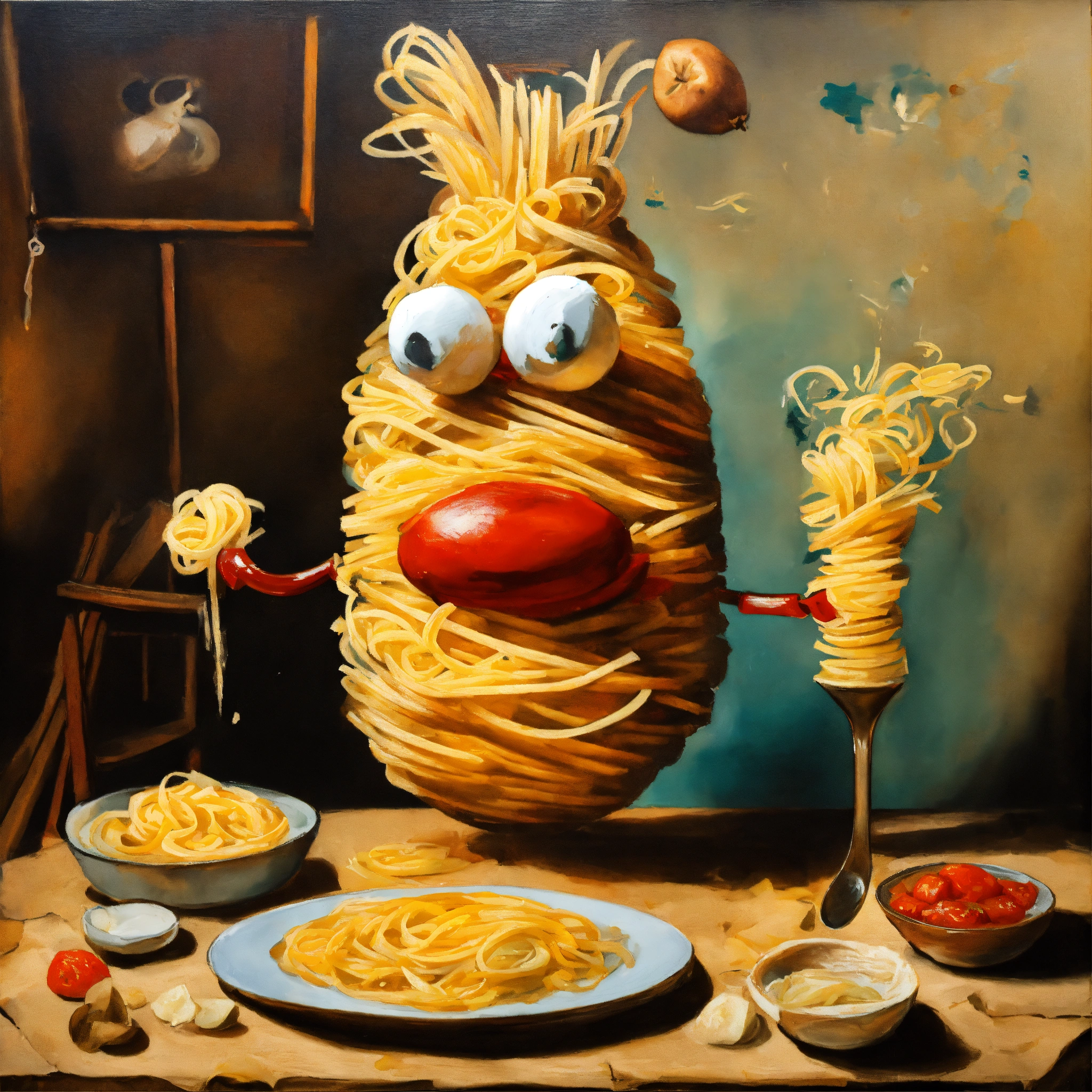 Lexica - A potato character cooking pasta as it was painted by picasso