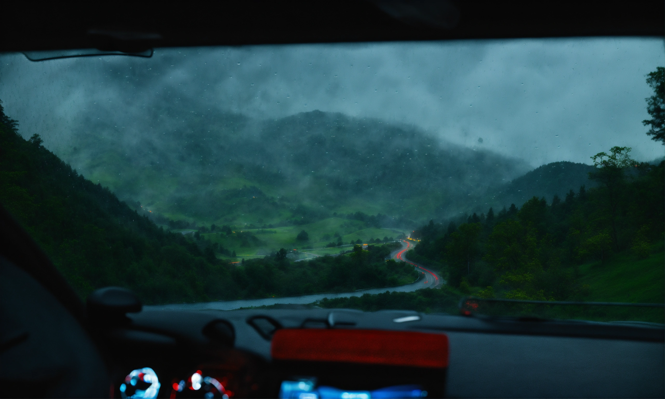 Lexica - View out car rear window at long winding mountain road with ...