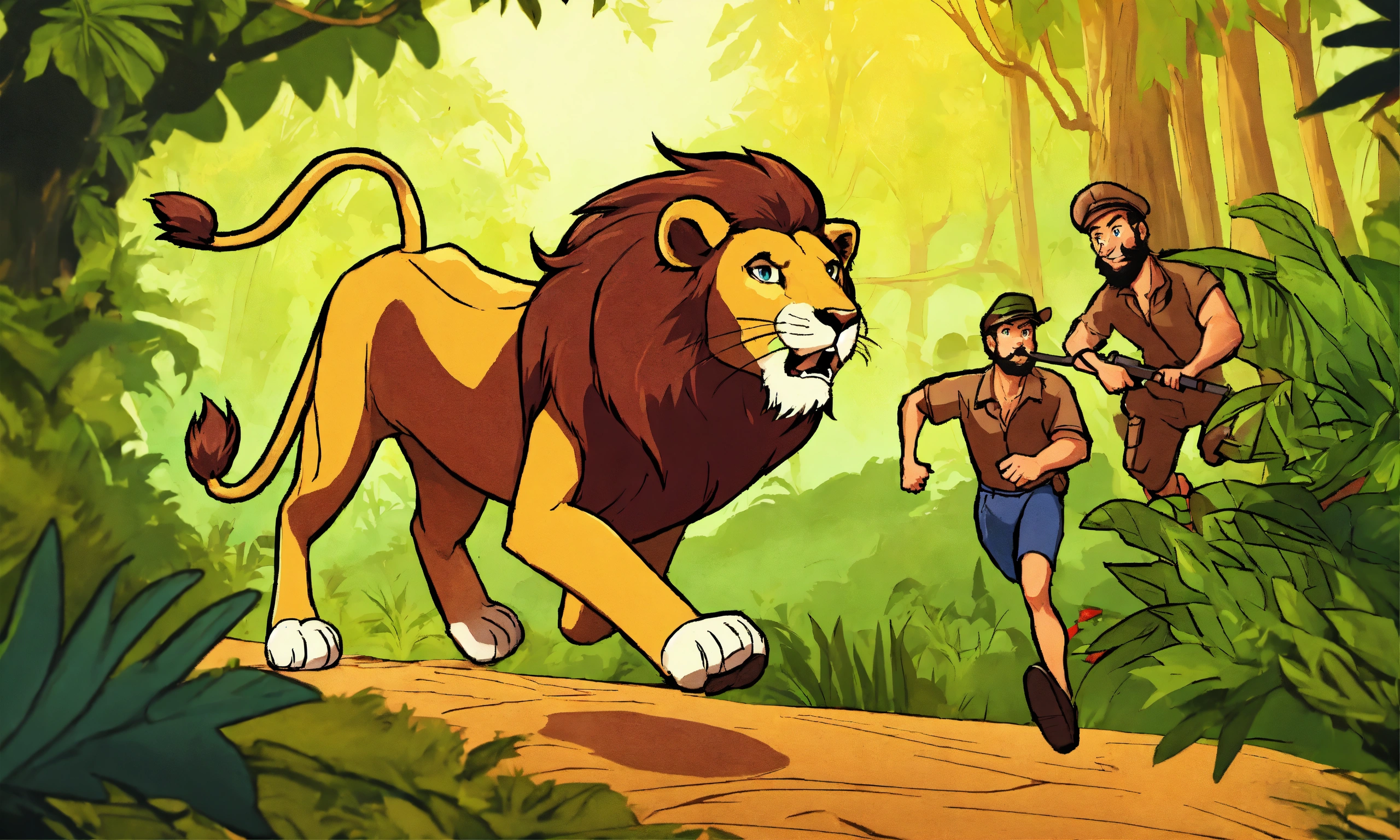 Lexica - Cartoon lion chasing men hunters in jungle