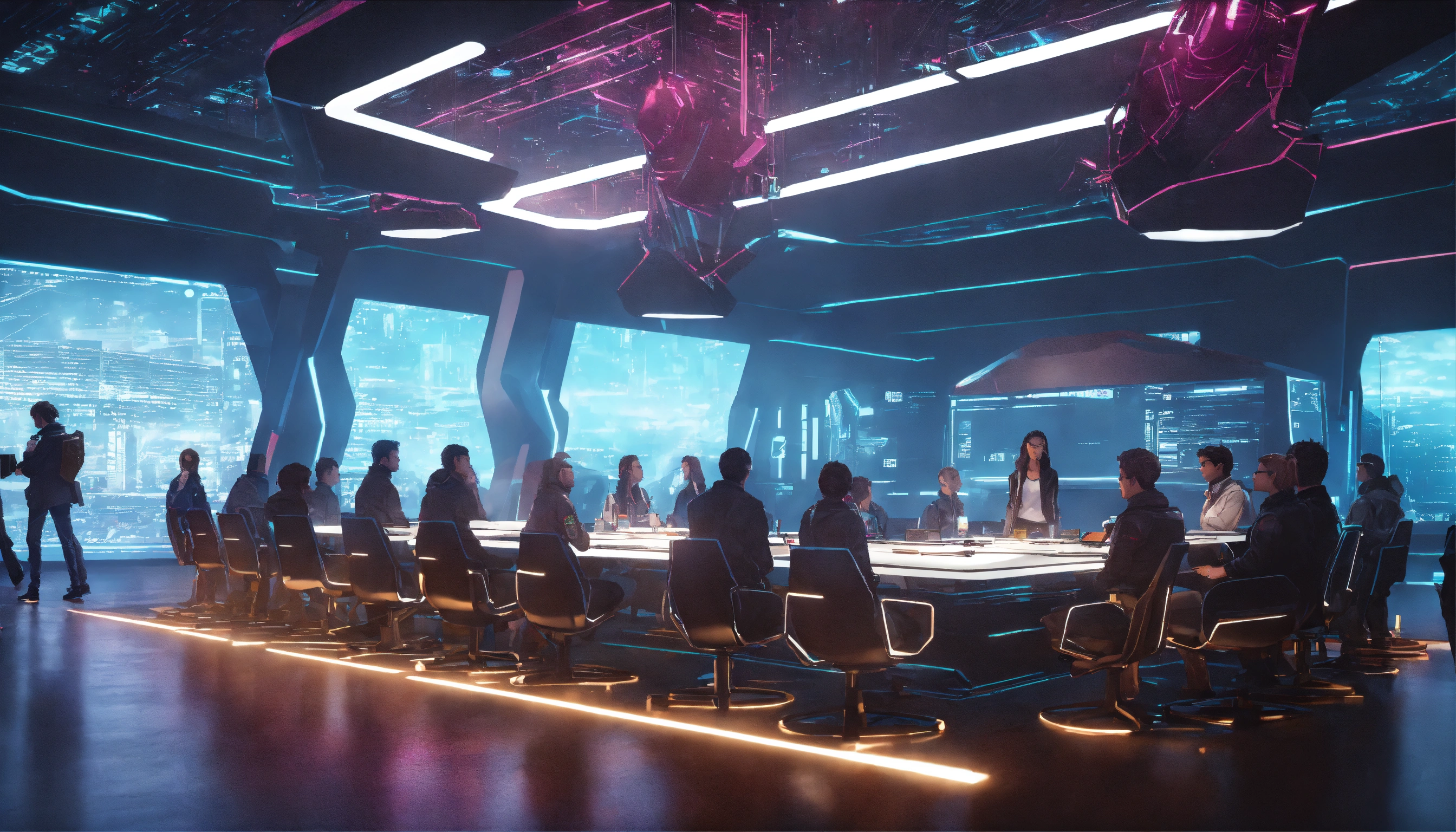 Lexica - People in futuristic conference hall around the table ...