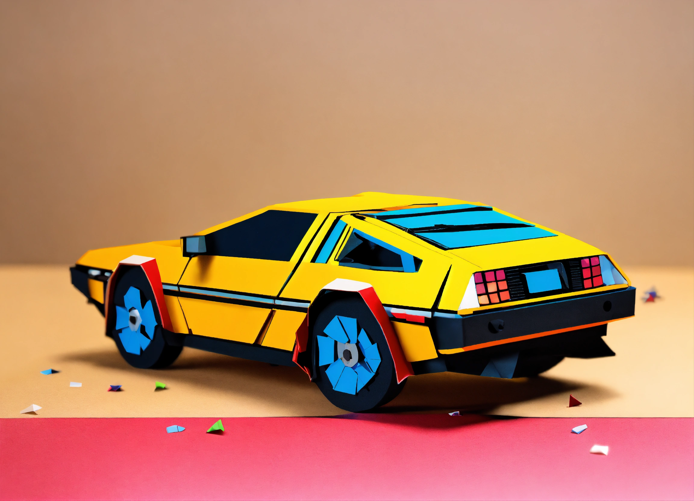 Lexica - Half-built DeLorean 2D with colourful paper and woord origami ...