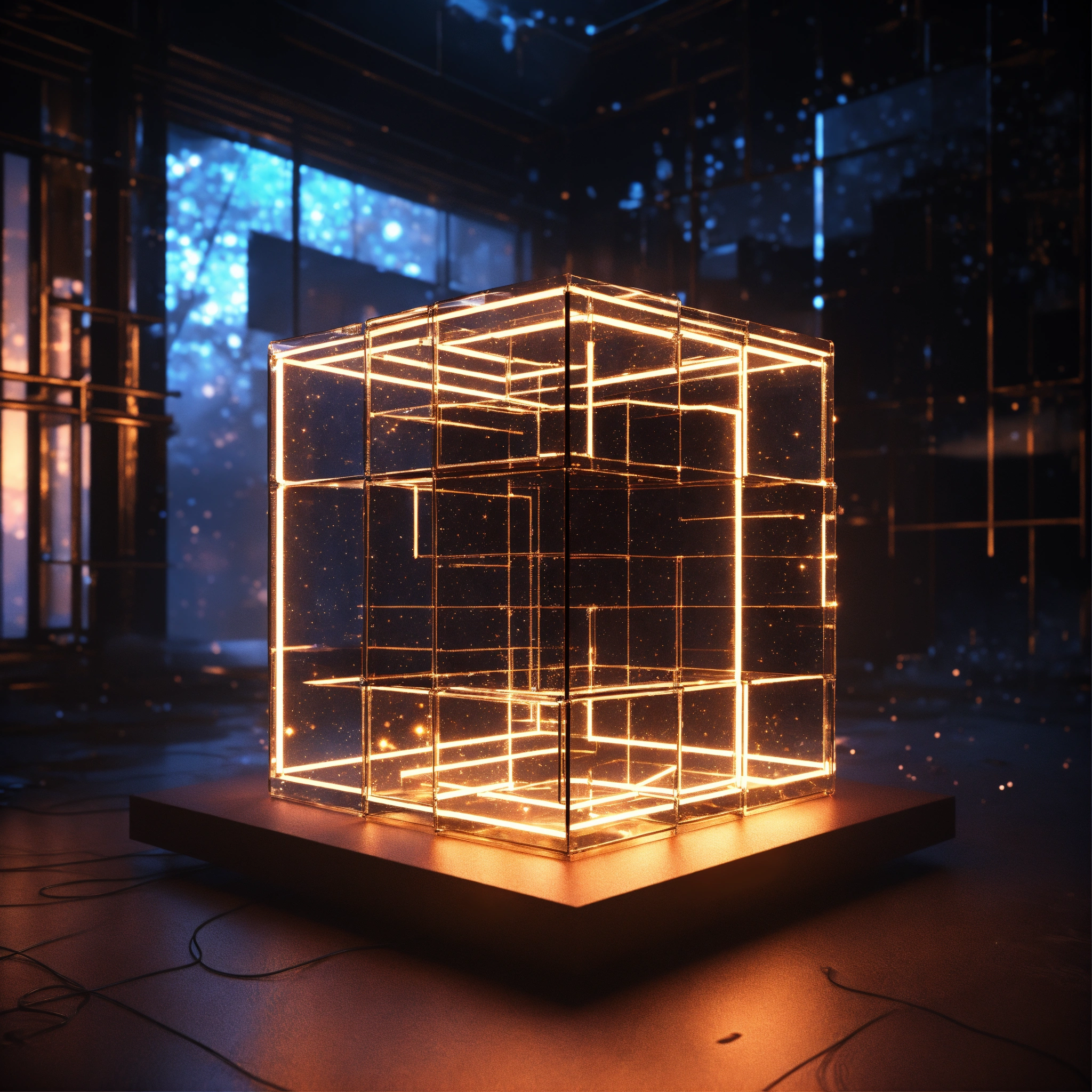 Lexica - Transparent cube, lines of cube radiant lights, in darkened ...