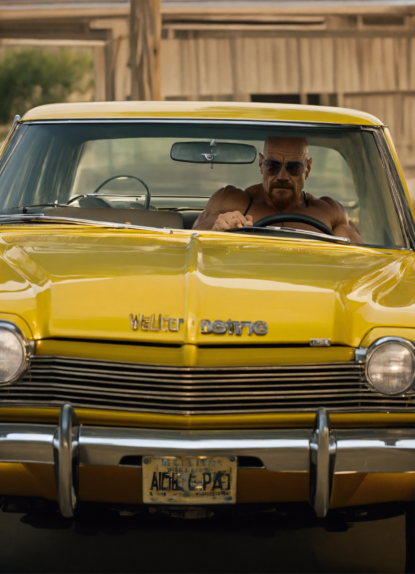 Lexica - Bodybuilder Walter White driving a car