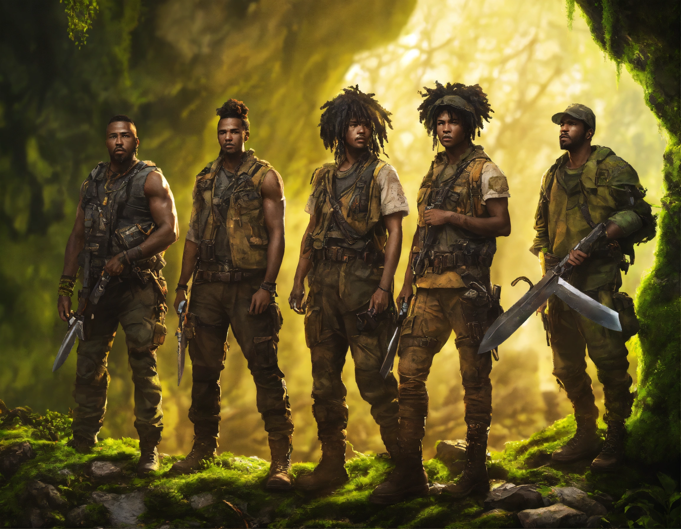 Lexica - A realistic photo of five different black survivors dressed in ...