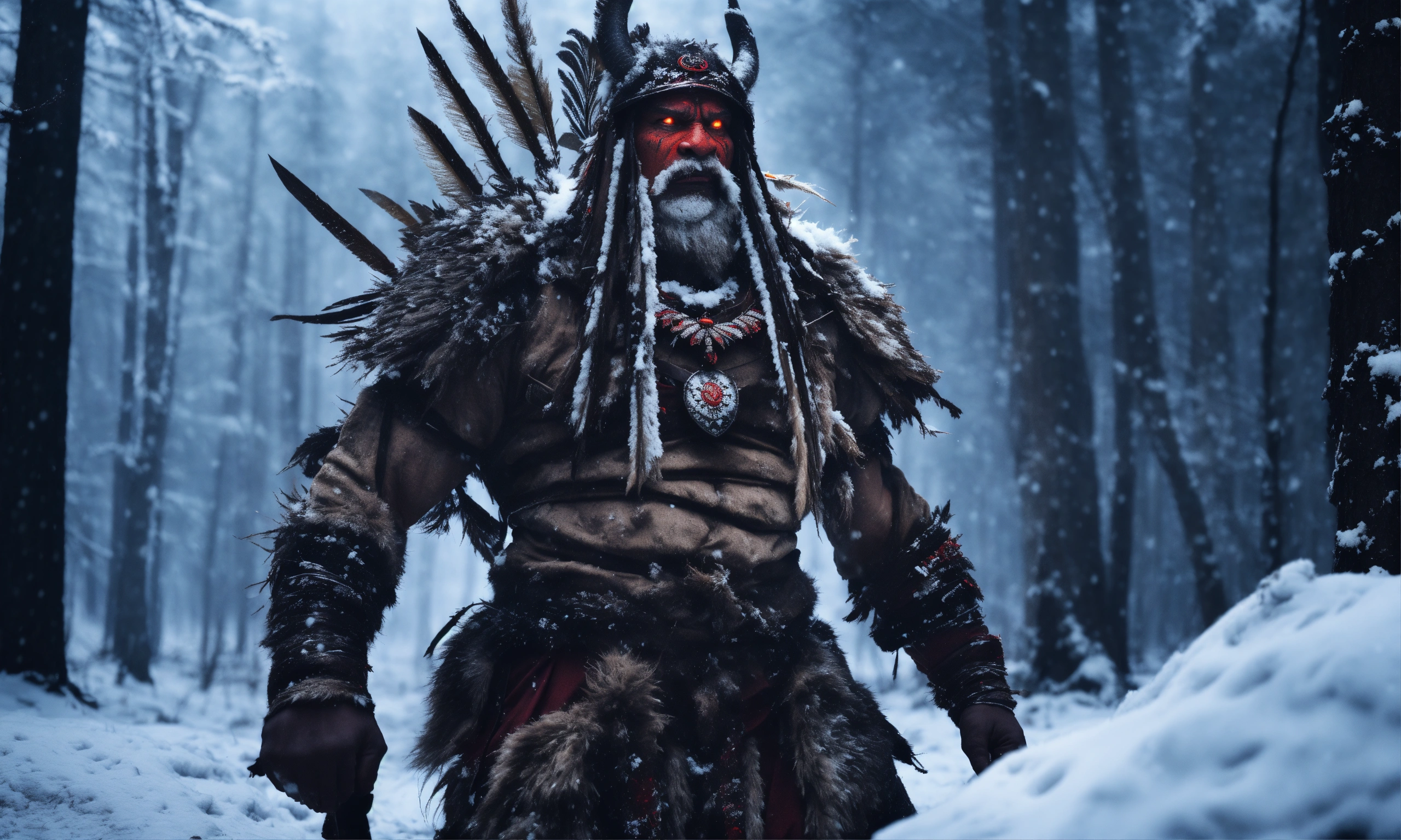 Lexica - Indian tribes war in snow forest. night. warrior close up. in ...