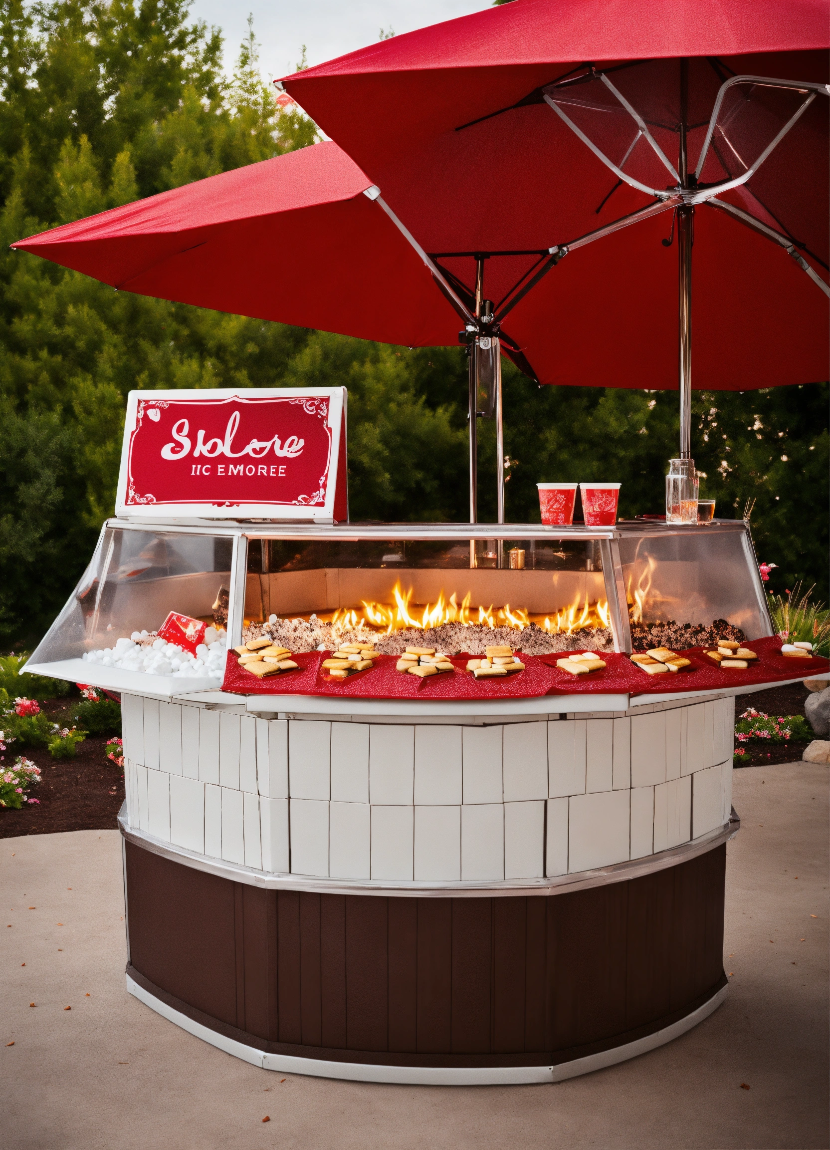 Lexica - Elegant ice igloo booth to sell smores outdoor with a red umbrella