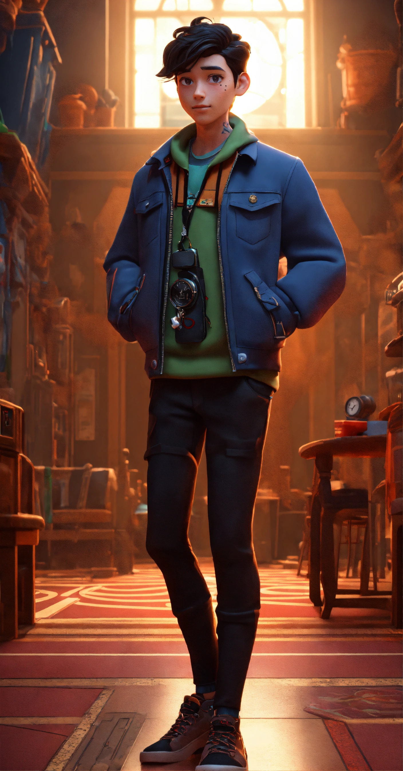 Lexica - Dark haired boy with black pants and jacket, standing in the ...