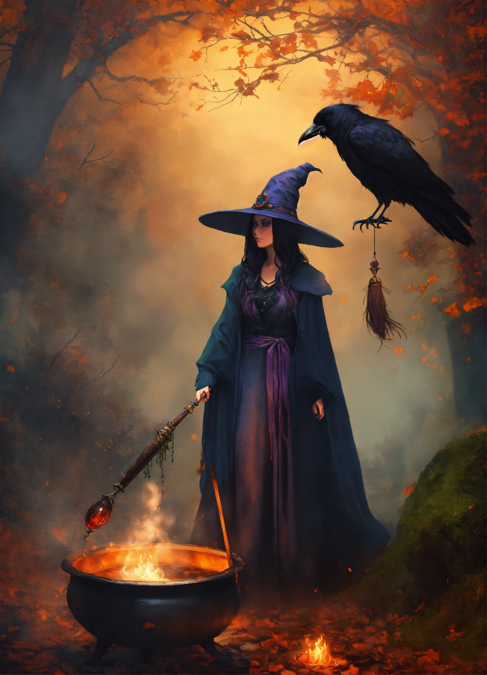 Lexica - Witch, raven, cauldron, mysterious and misty setting, tome of ...
