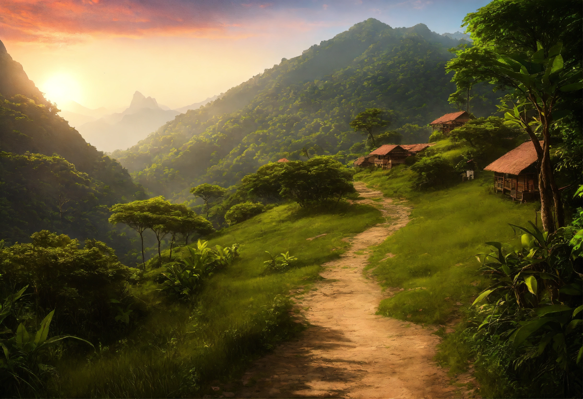 Lexica - A footpath through a hilly landscape, high jungle mountains on ...