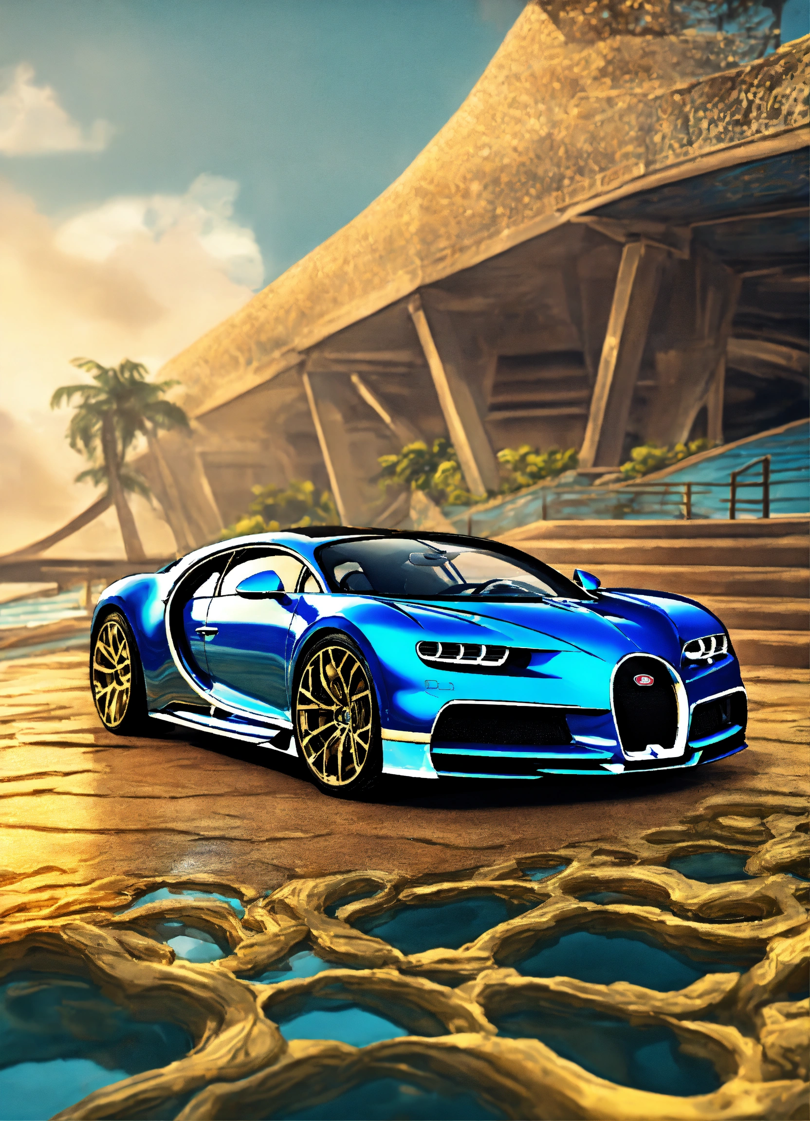 Lexica - Bugatti chiron golden car, blue ocean floor, cartoon effect ...