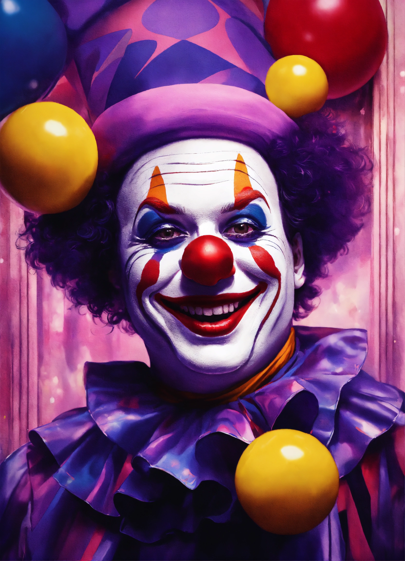 Lexica - Impressionistic design of a cheerful clown with rich purple.