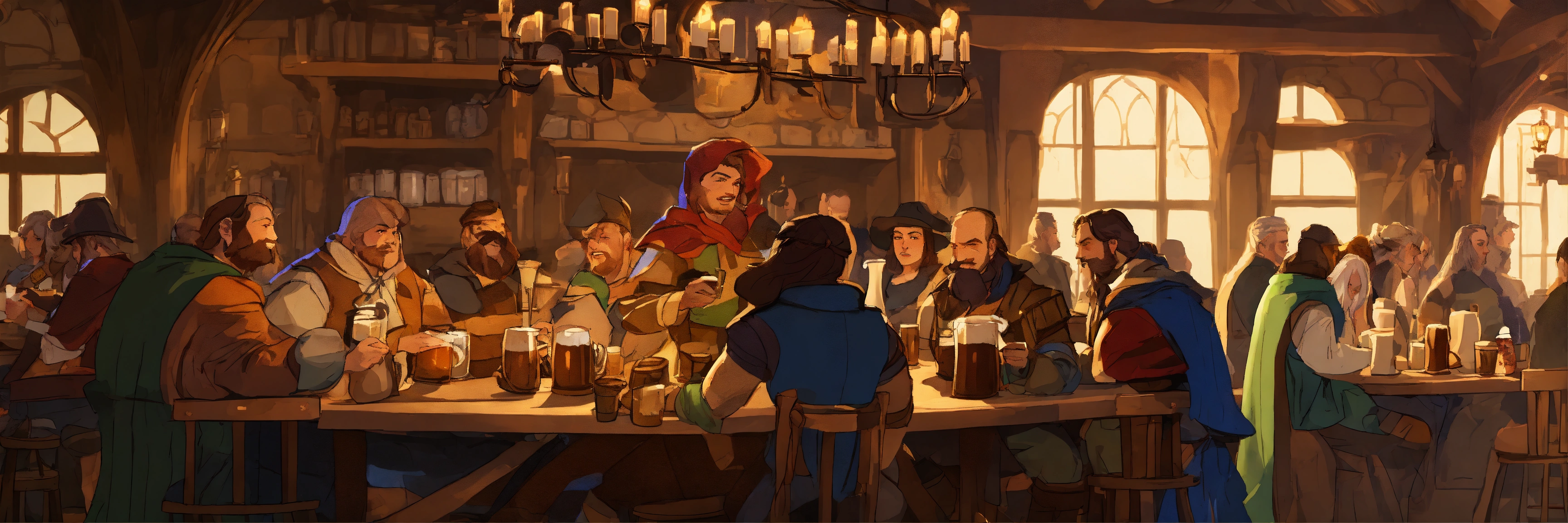 Lexica - Fantasy tavern bustling with fantasy characters, sitting at a ...