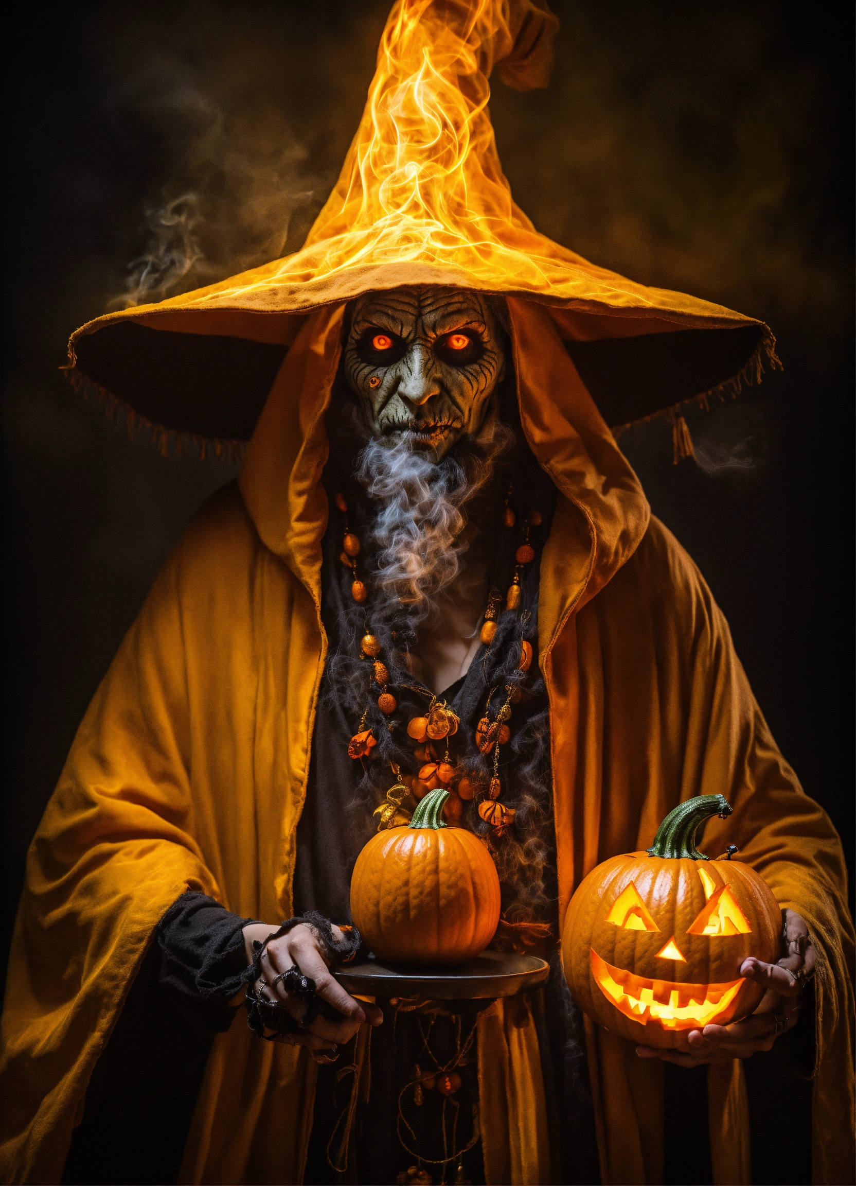 Lexica - Spooky wicked conjurer with orange eyes wearing a robe, carved ...