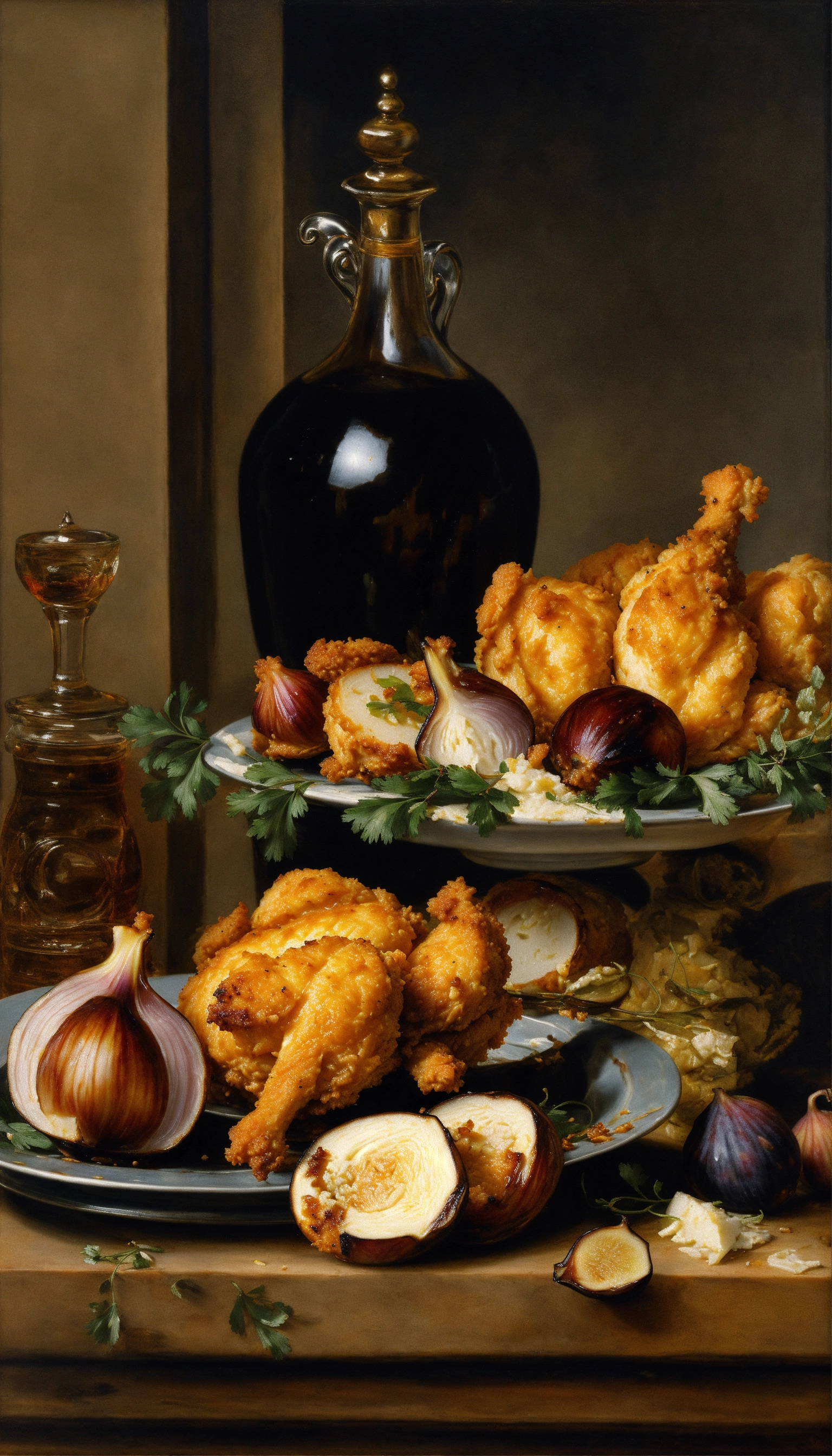 Lexica - Still life with fried chicken, cheeses, onions and figs by ...