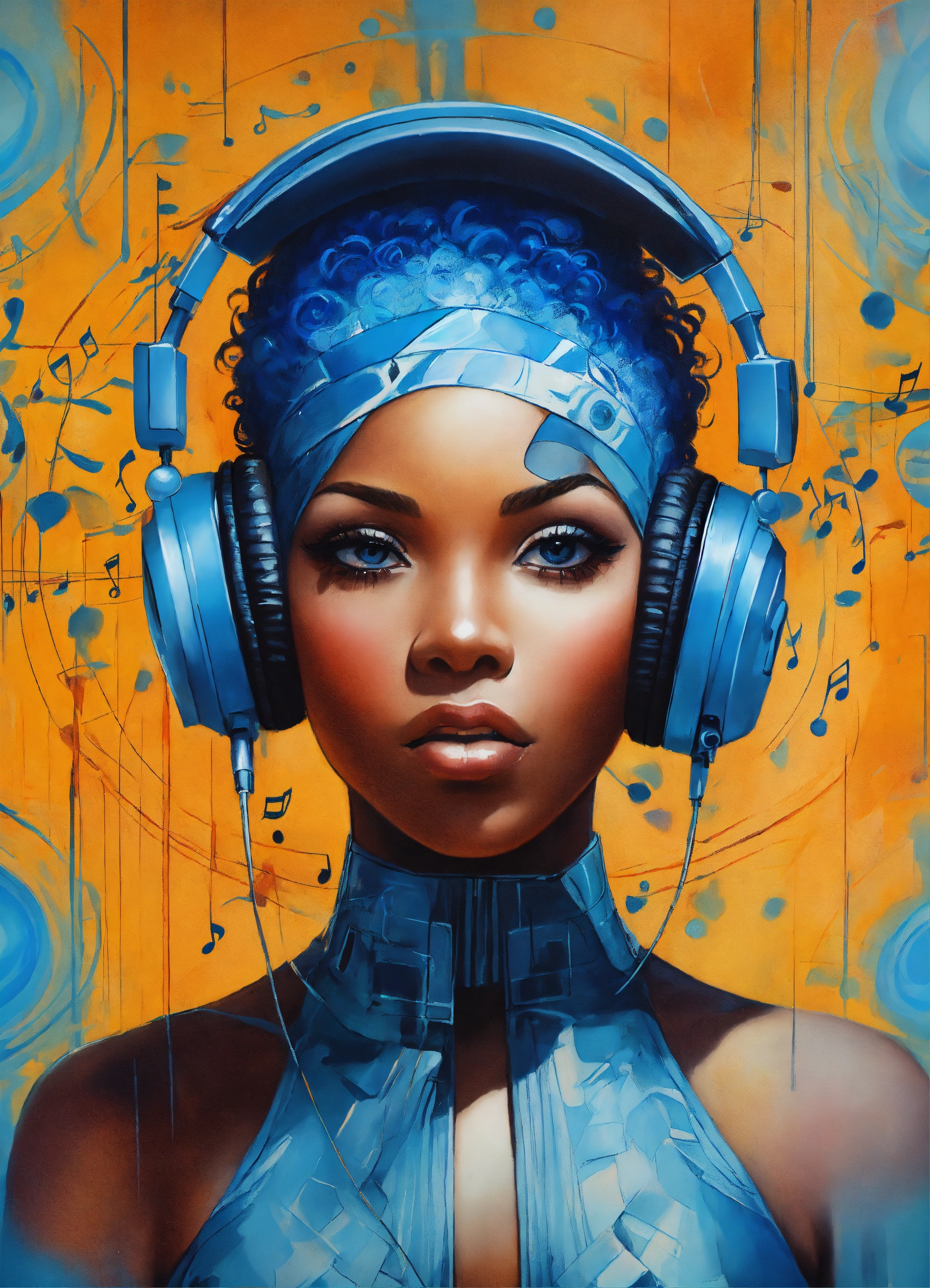 Lexica - A beautiful woman with blue hair and music notes, an airbrush ...