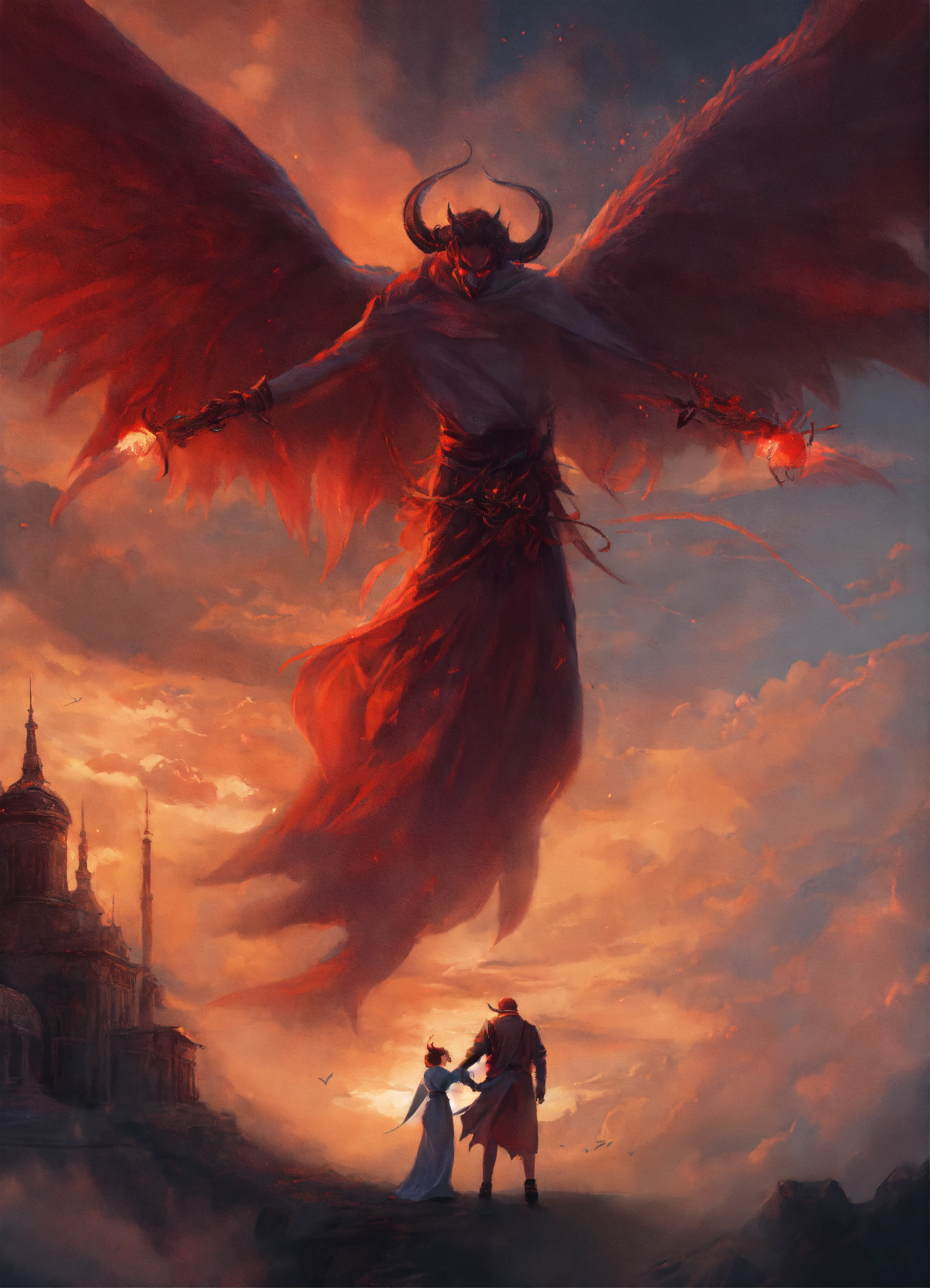 Lexica - Demon hugging an angel, flying, wide shot