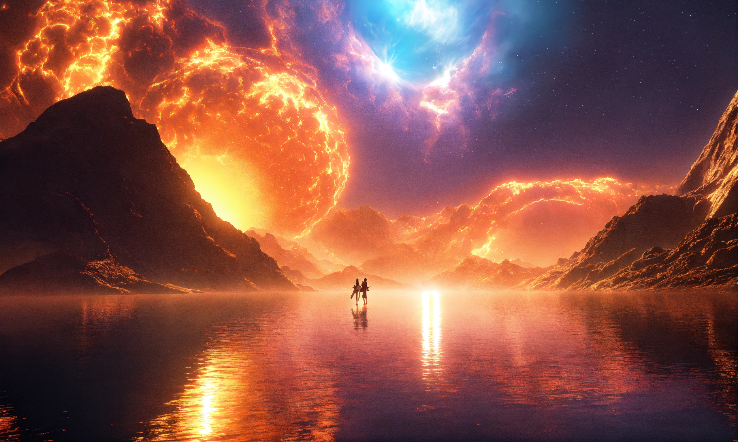 Lexica - Two ethereal water angel, mountain nebula, sun backgound ...