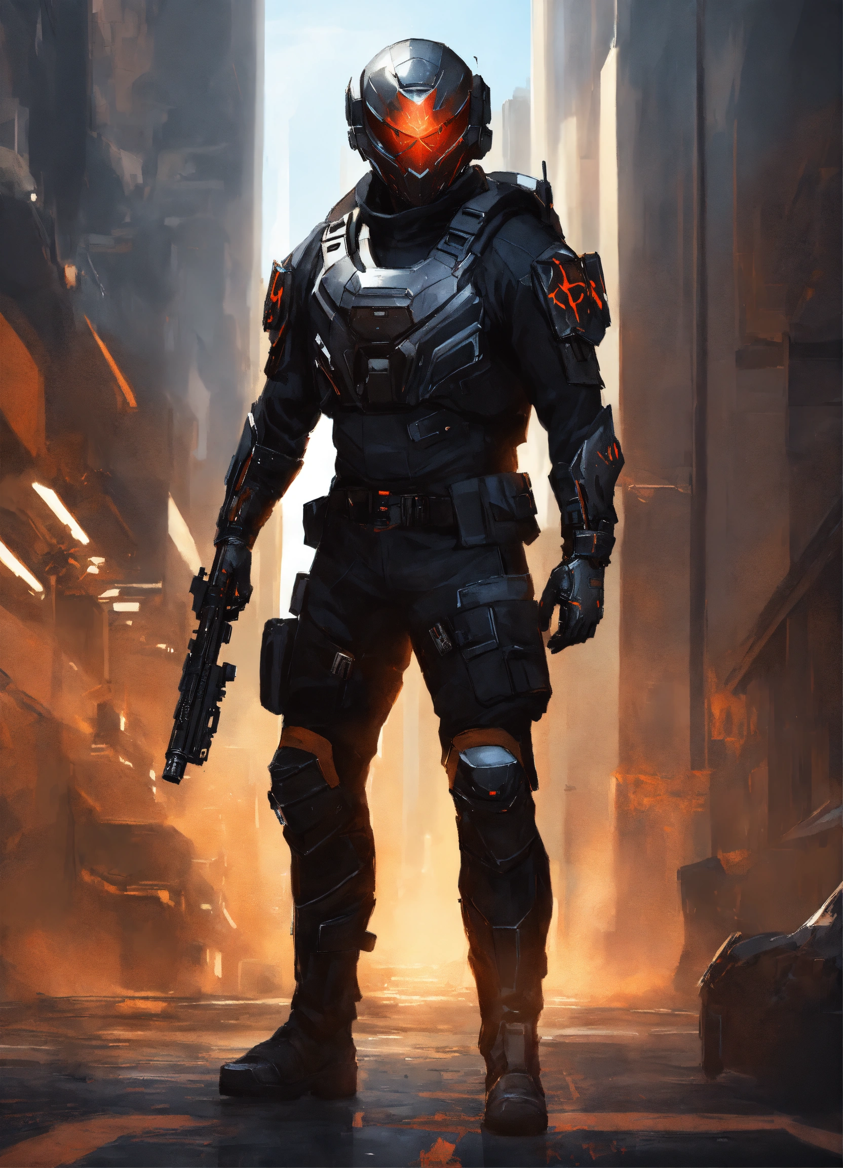 Lexica - Concept art full body, male mercenary in black angular modern ...