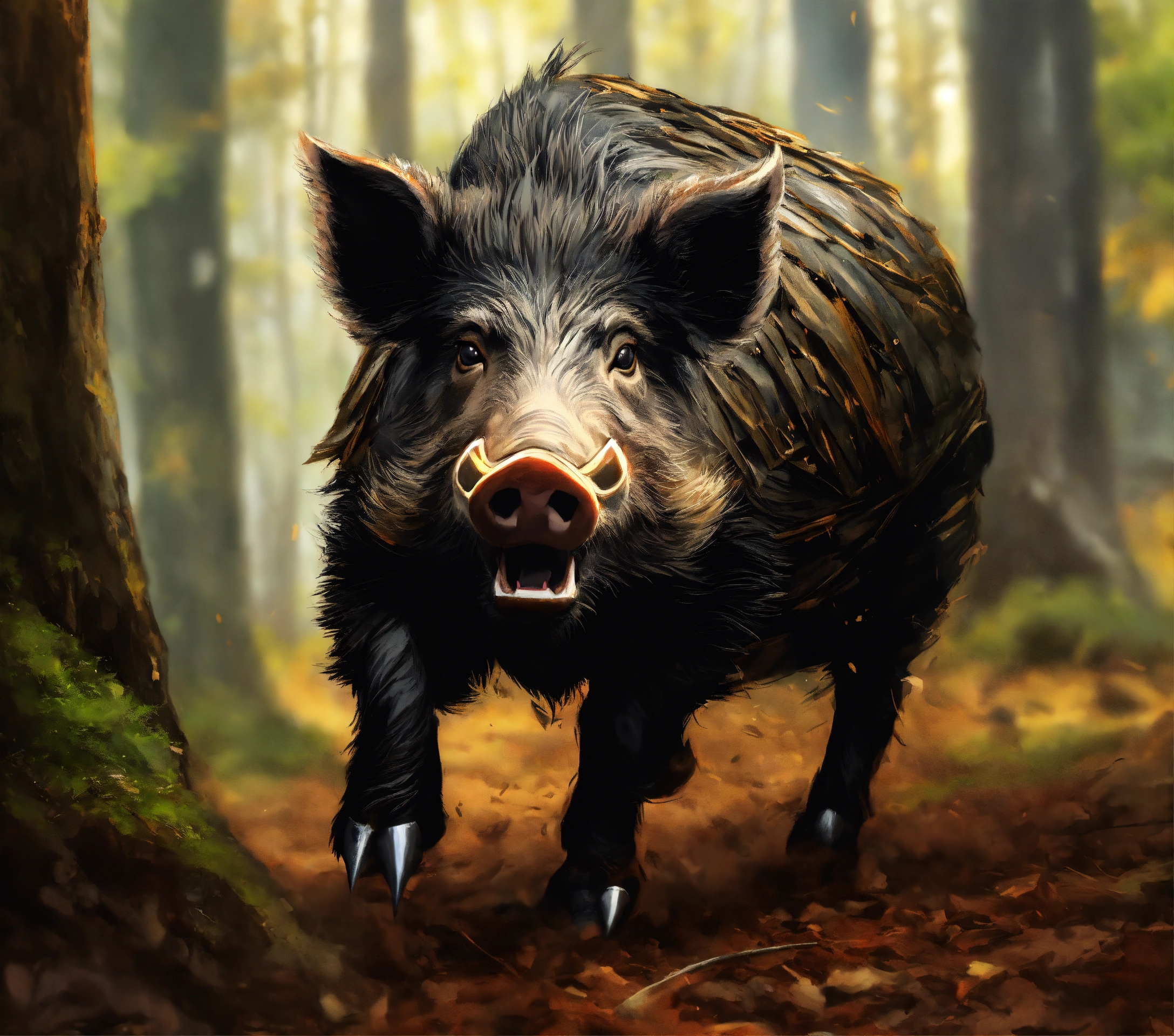 Lexica - Wild boar horned and armored, charging in wild forest, black ...