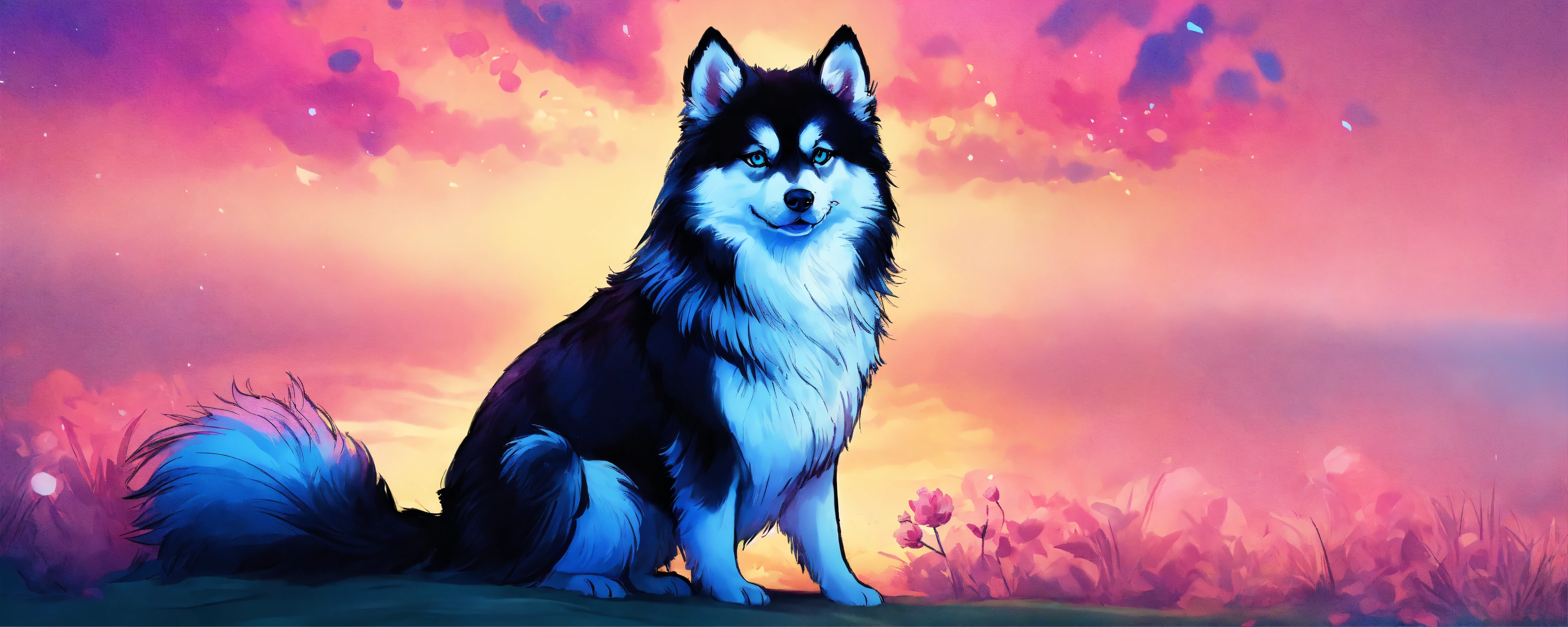 Lexica - A full body image of a pomsky black and white with long hair ...
