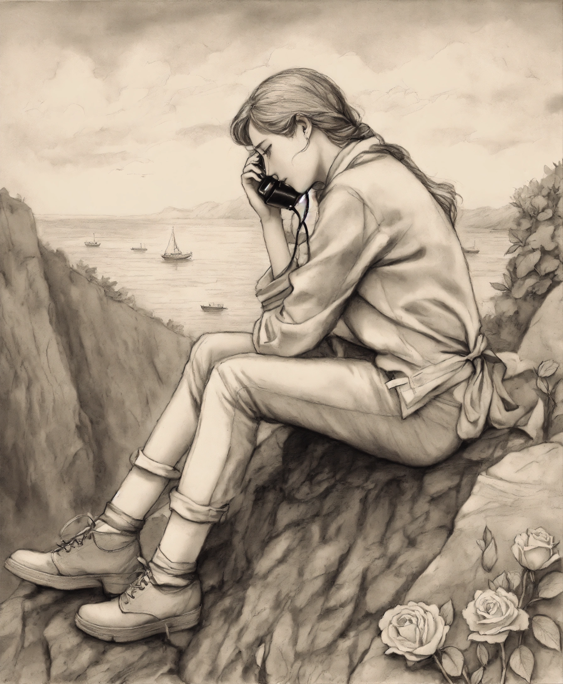 Lexica - A broken heart personified calling on the phone from a cliff ...