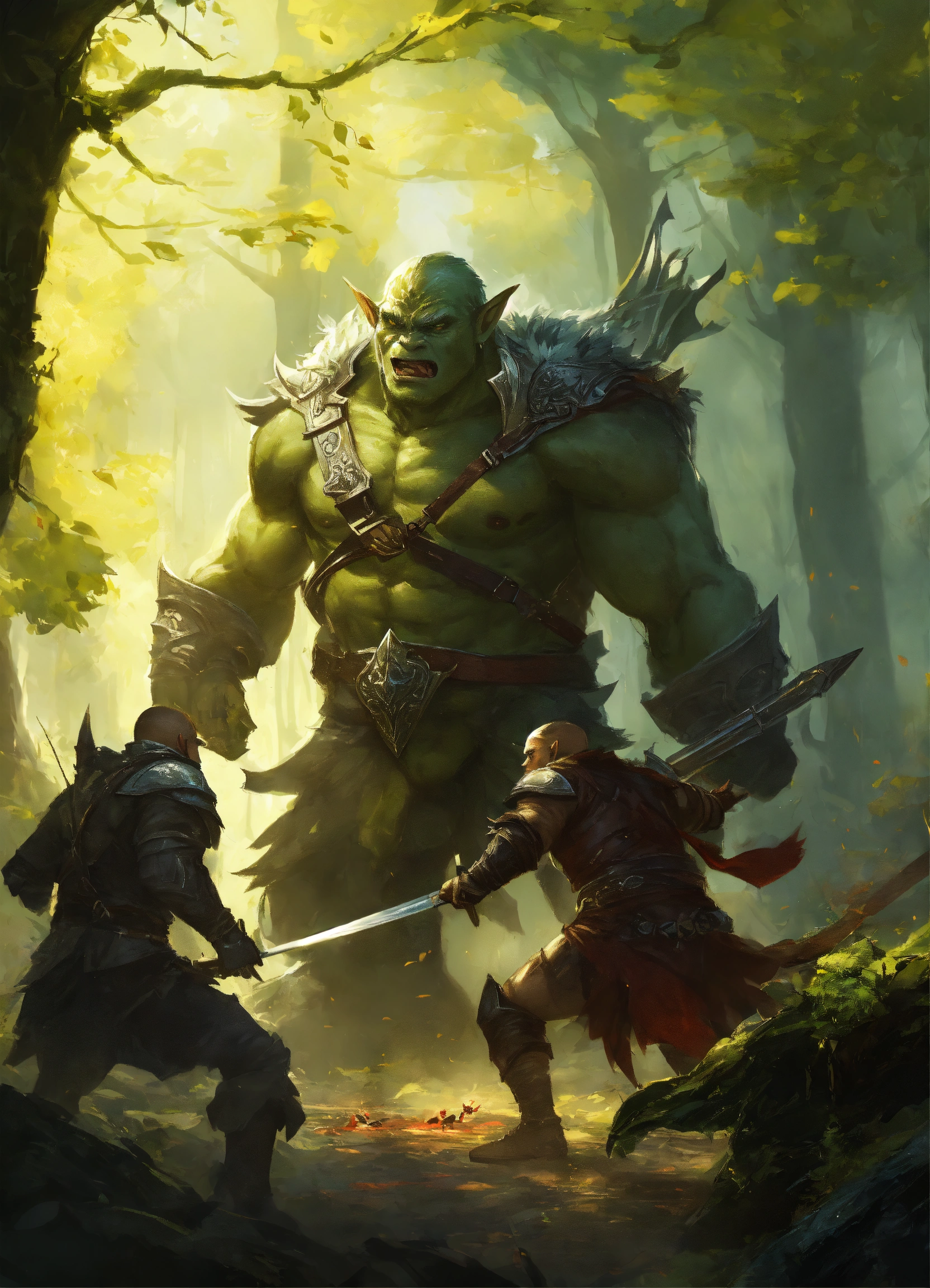Lexica - One elf fights hand to hand combat with two orcs in a forest ...