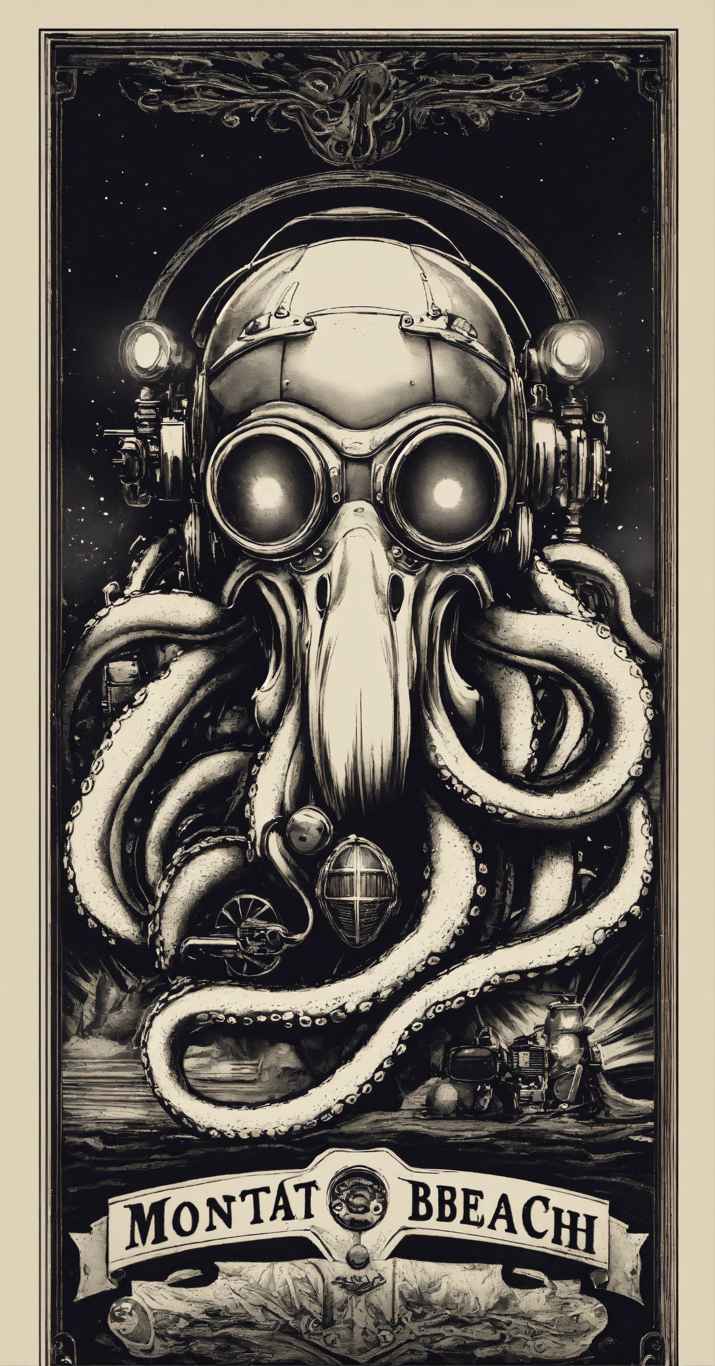 Lexica - T-shirt design of "MONTABEACH" octopus with motorcycle helmet ...
