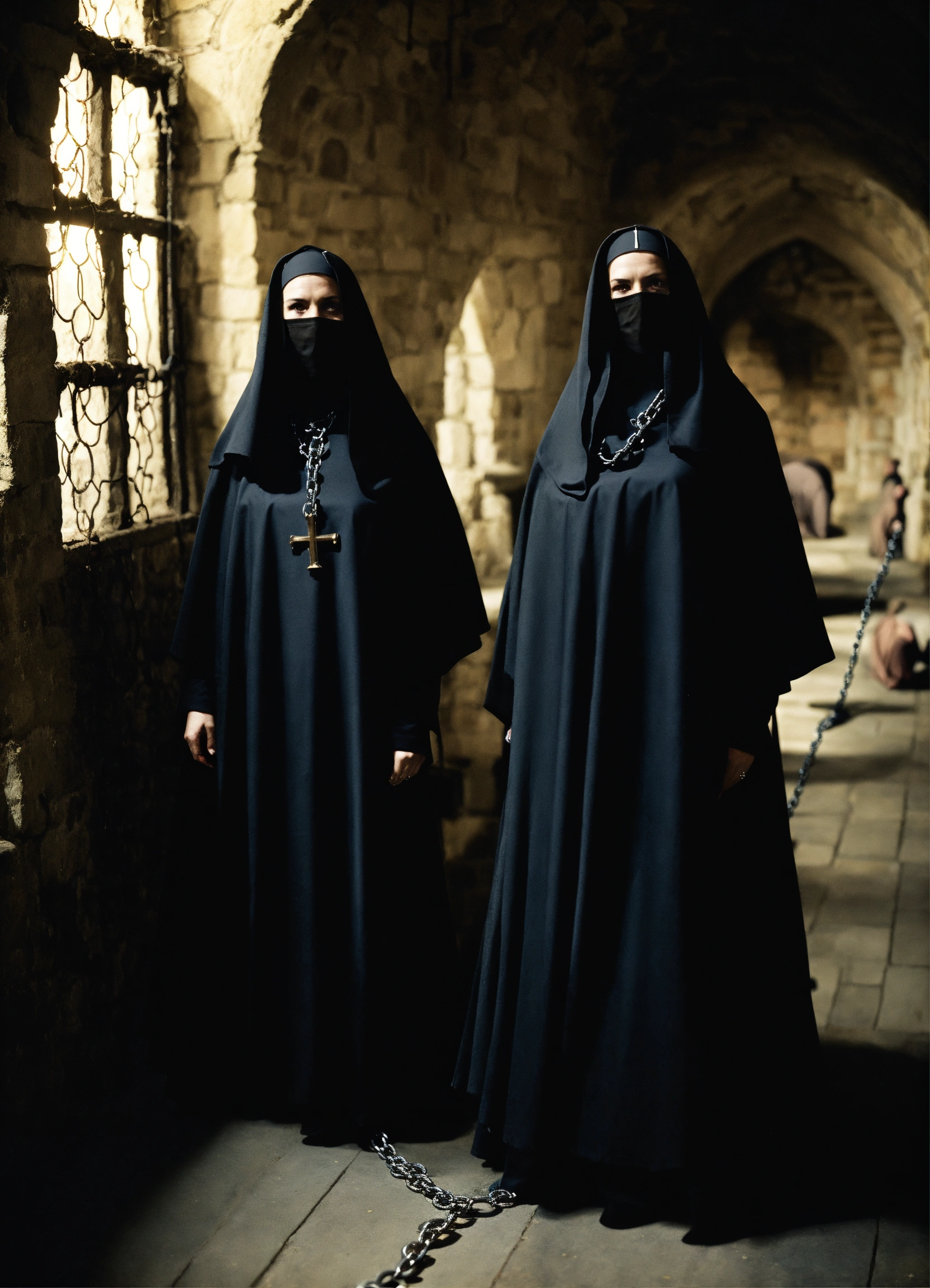 Lexica - Dark nuns , chained, in dungeon, tight cloaks, historic photo