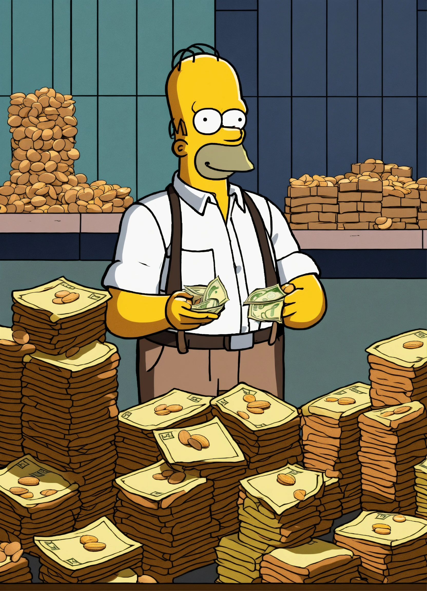 Lexica - A man stands at a table and sells nuts. There are huge stacks ...