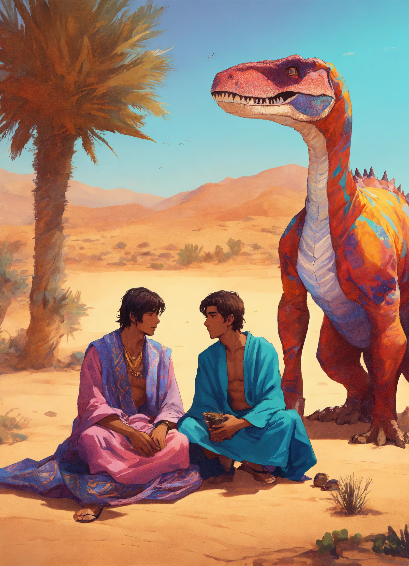 Lexica - "Two young men sit in a barren desert, wearing colorful ...