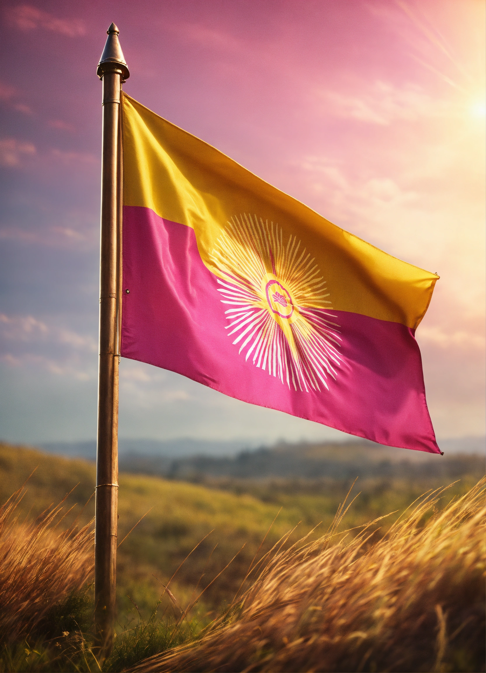 Lexica - A yellow flag with pink sunburst design, medieval, banner on a ...